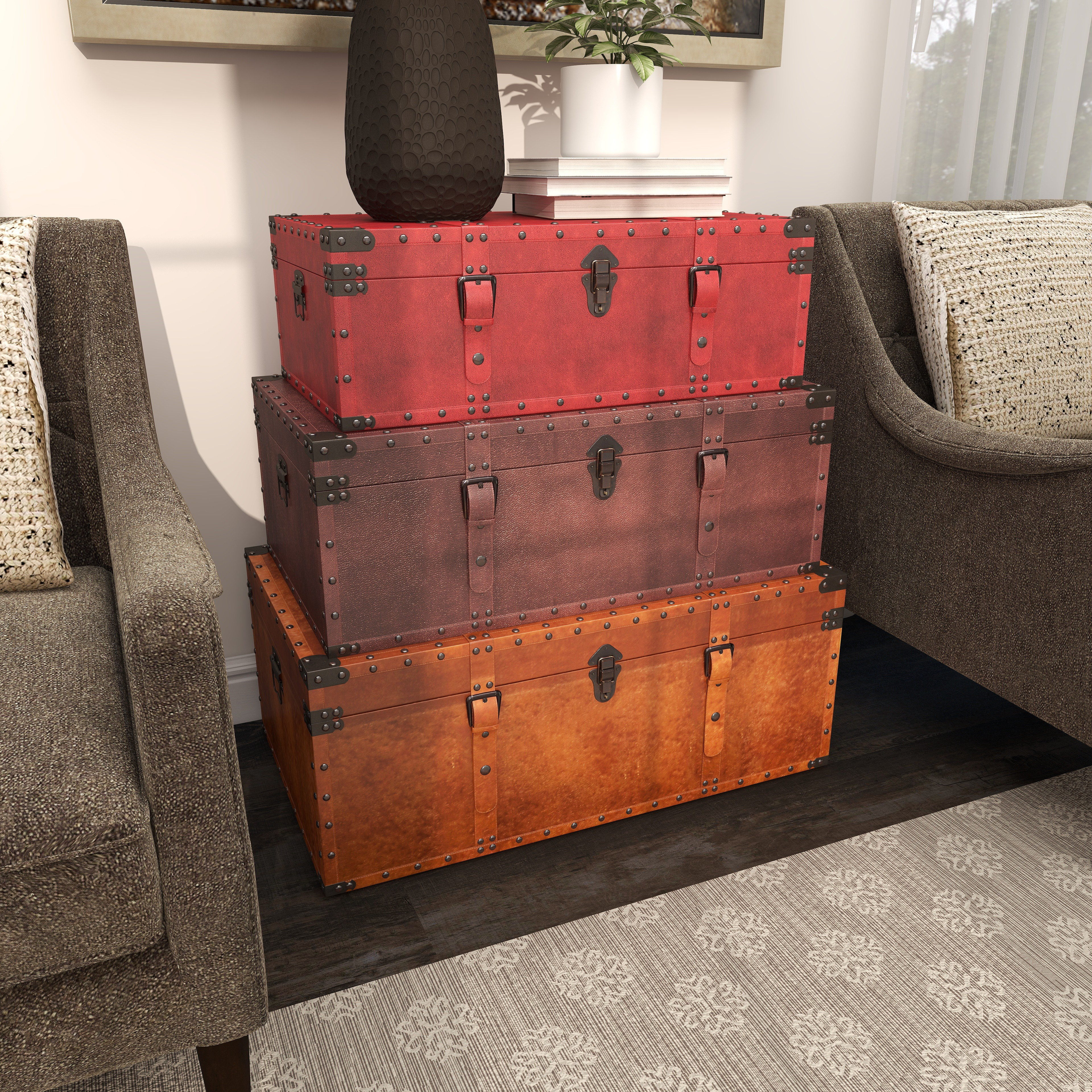 Breakwater Bay Cantrell Wood Nesting Upholstered Decorative Brown Trunk with Vintage Accents and ...