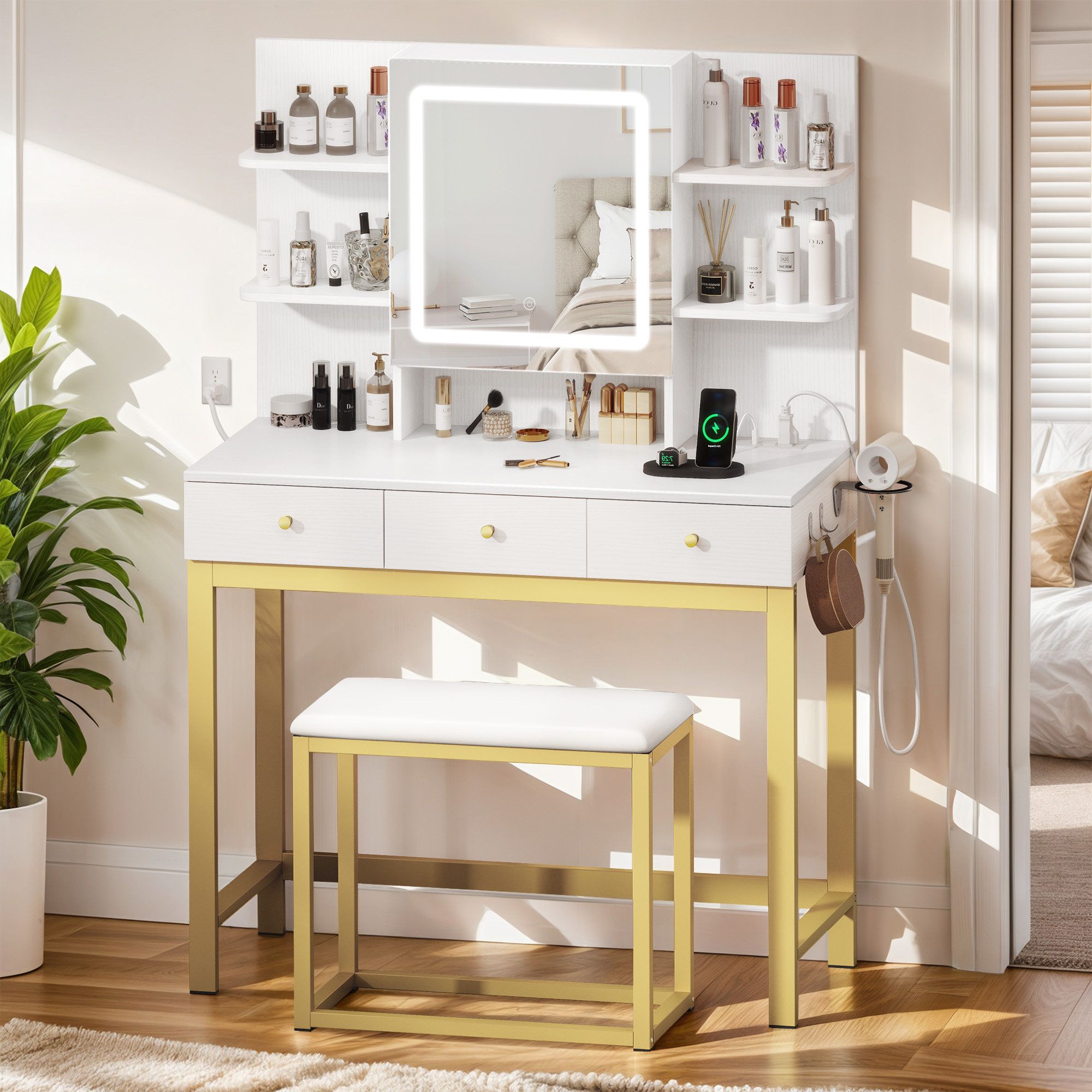 Everly Quinn Makeup Vanity Desk with LED Lighted Mirror & Power Outlet ...