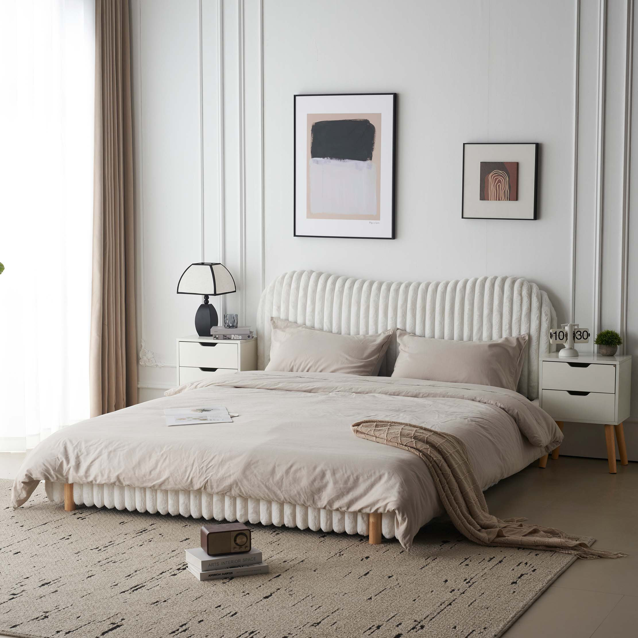 Everly Quinn Sleek Boucle Upholstered Bed With Wavy Headboard ...