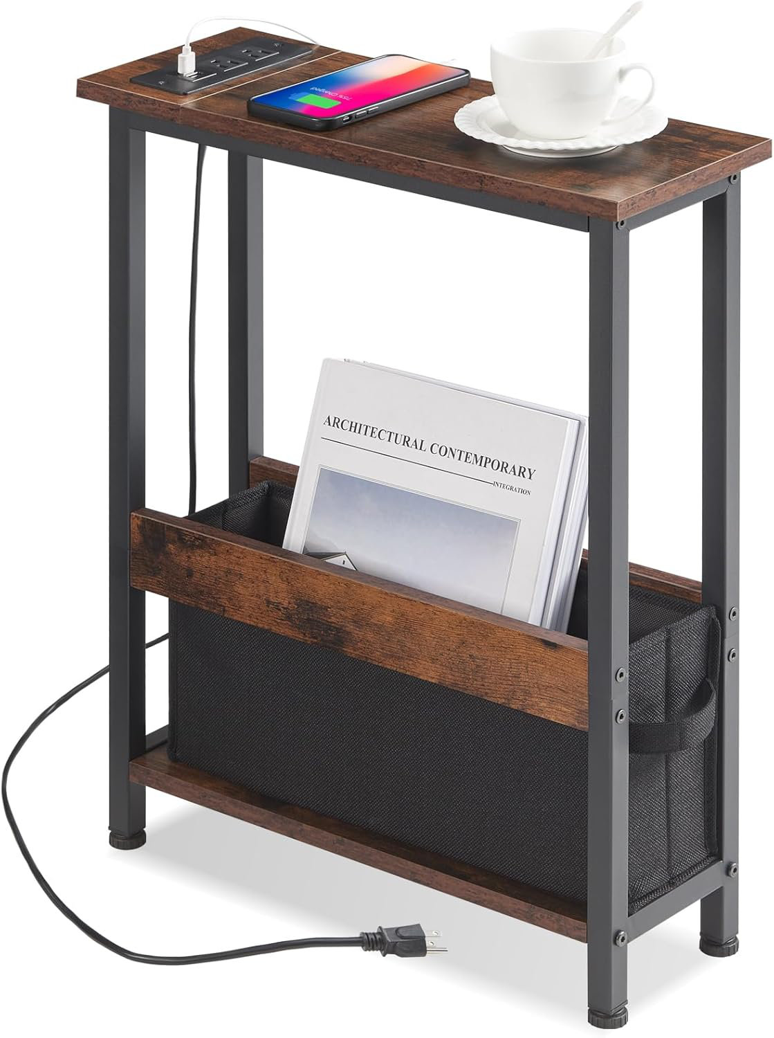 17 Stories Rustic Narrow Side Table With Storage, USB Ports & Outlets ...