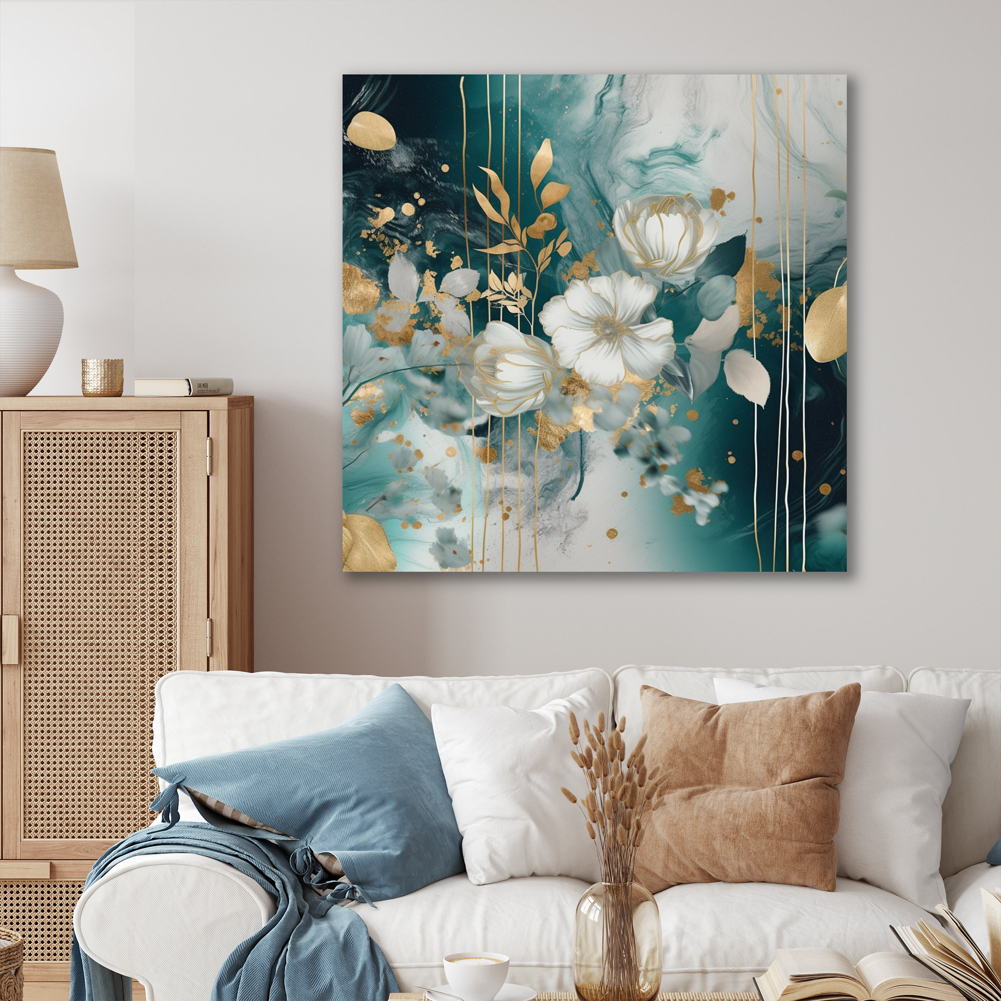House of Hampton® " Golden Blue Marble Flowers I " | Wayfair