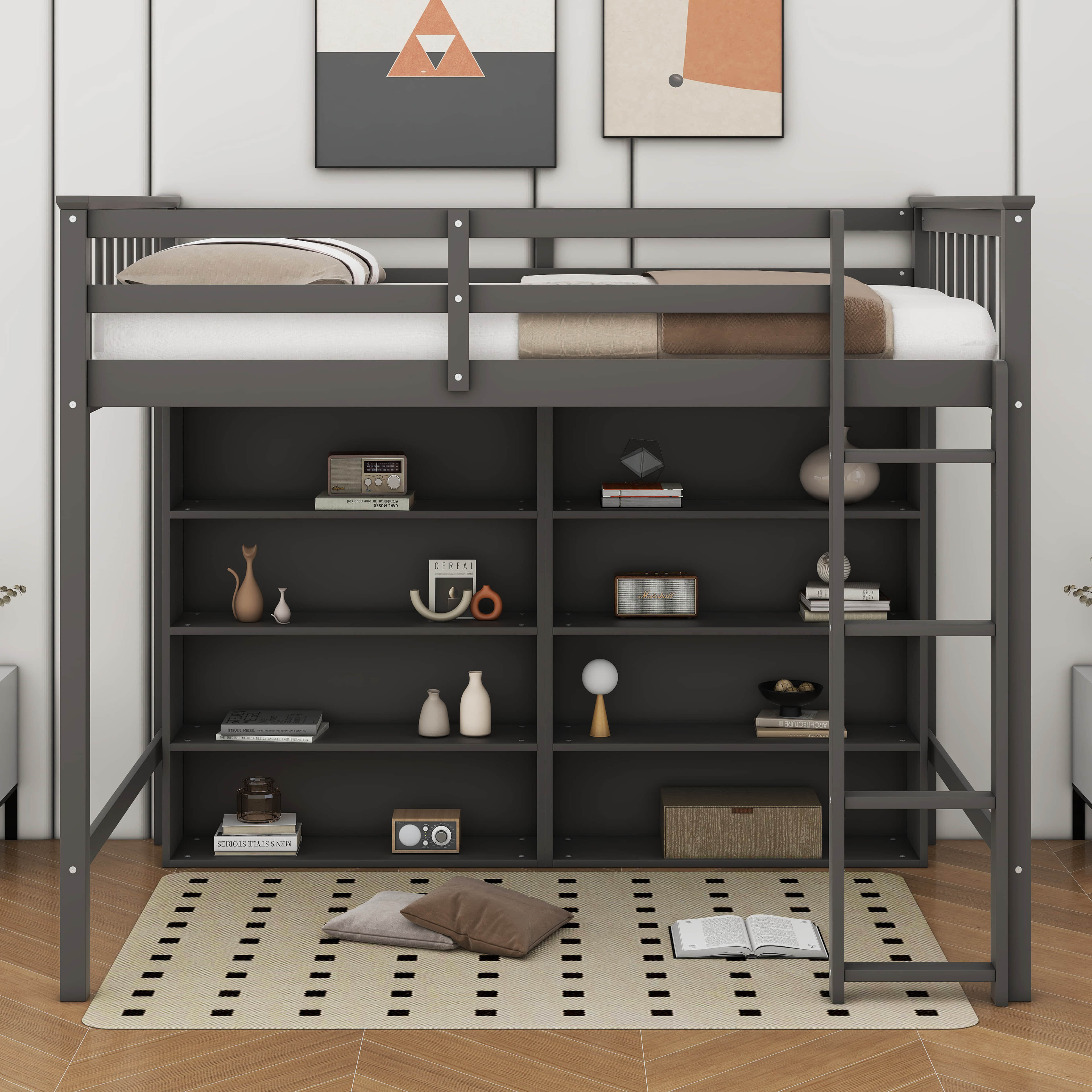 Harriet Bee Loft Bed with 8 Open Storage Shelves and Built-in Ladder ...