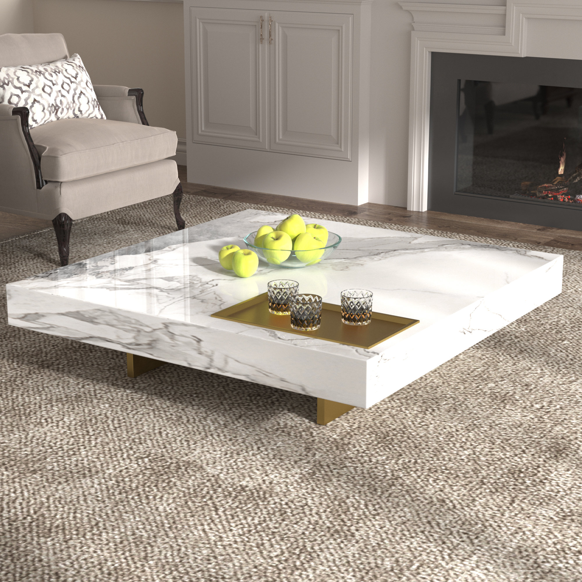 Wrought Studio™ 42"Square Coffee Table, Glossy Sintered Stone top, Legs ...