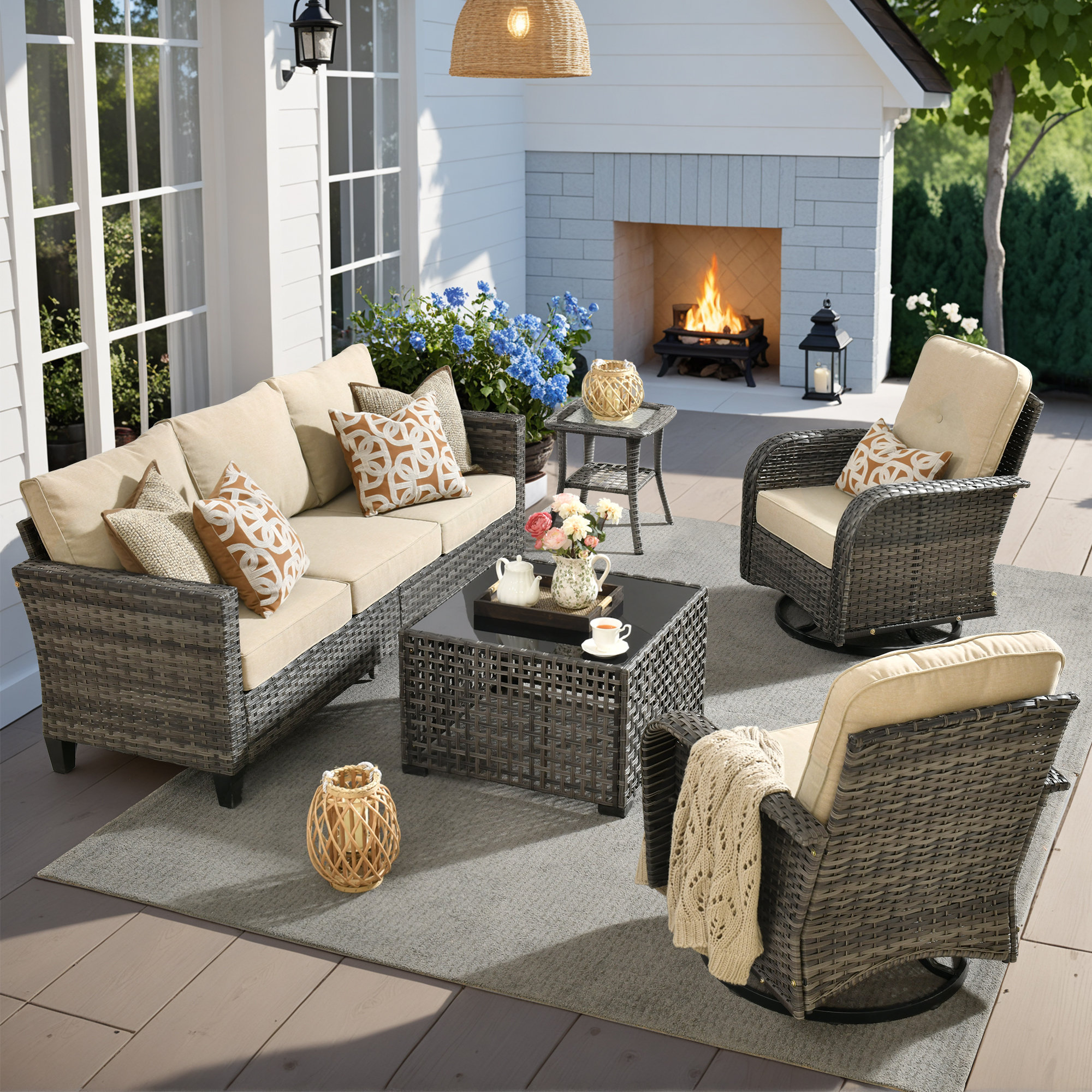 Lark Manor 5 Piece Outdoor Wicker Swivel Rocking Chairs With Solar ...