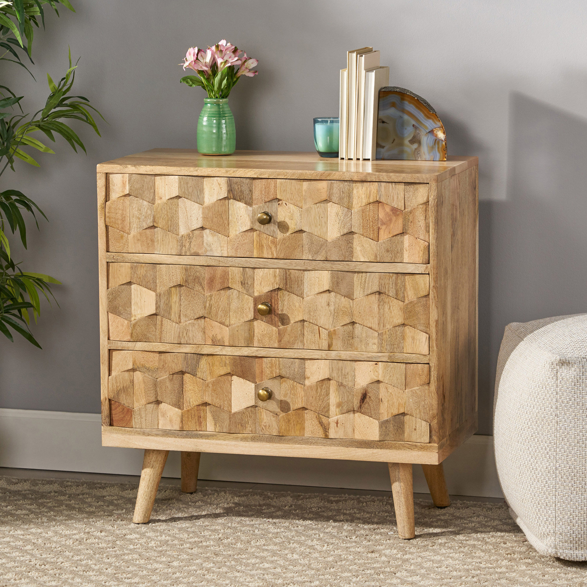 Red Barrel Studio® Mid-Century Modern Mango Wood 3 Drawer Chest | Wayfair