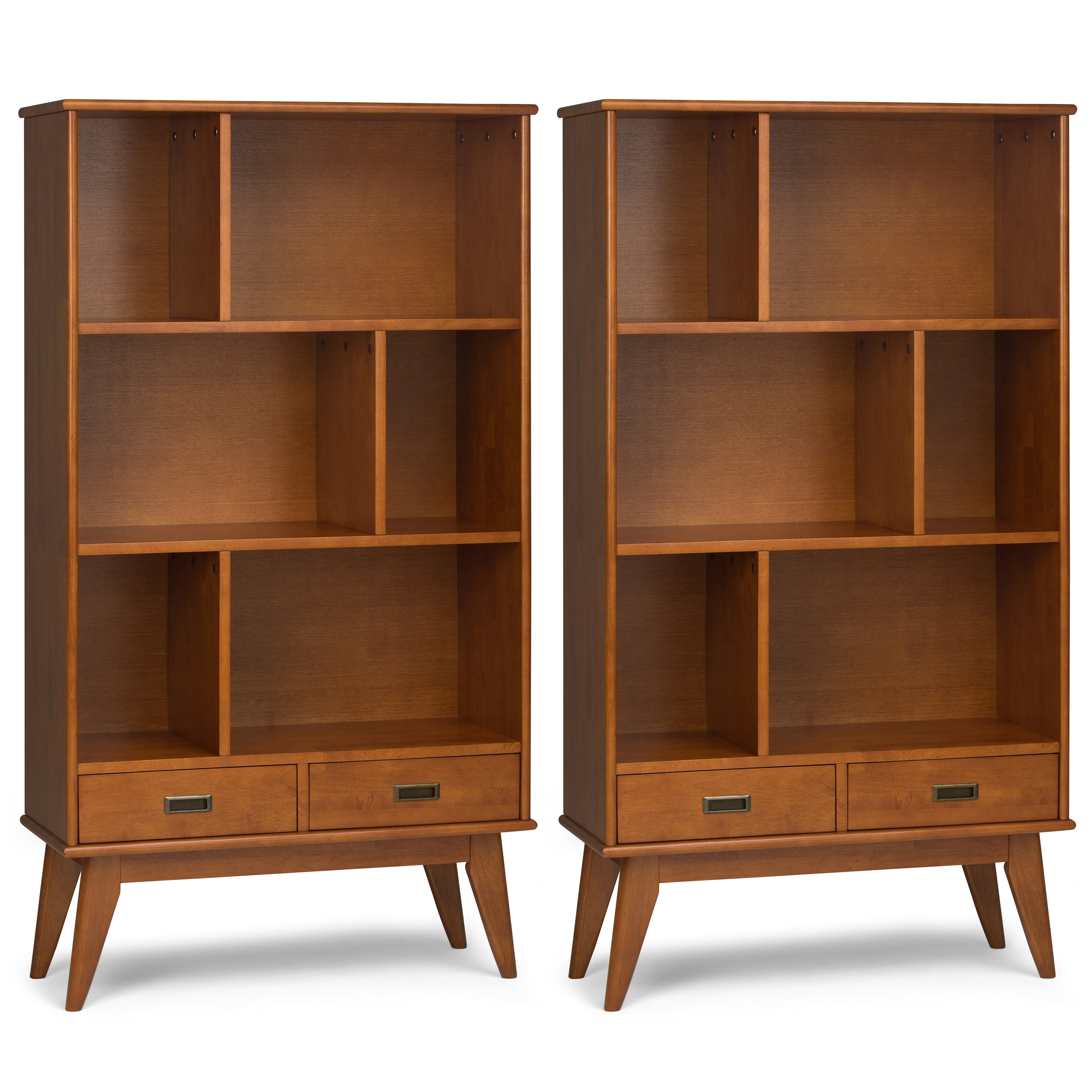 Simpli Home Draper 35W 6 Cubbie Bookcase With Drawer (Set Of 2) In Teak ...