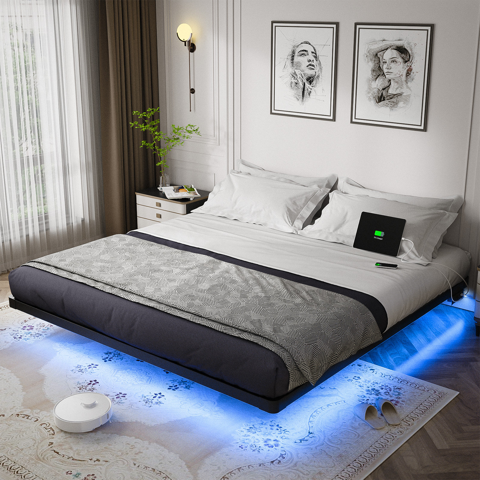 Latitude Run® Kathrene Floating Bed Frame with LED Lights and Charging ...