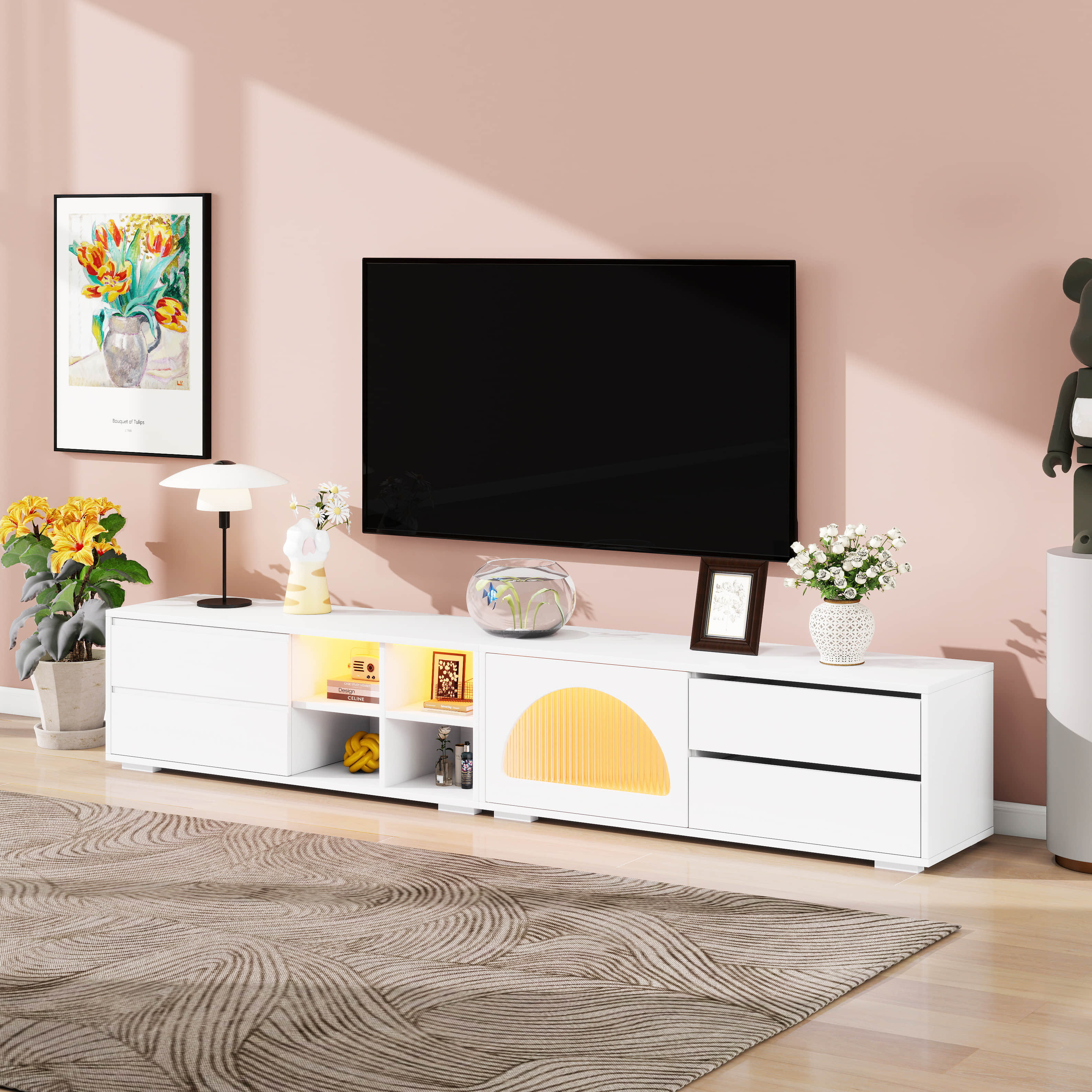 Ivy Bronx LED TV Stand For 100 Inch TV, Media Console With Fluted Glass ...