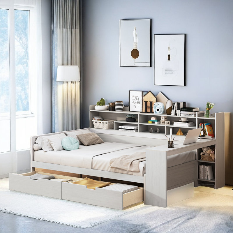 Latitude Run® Wooden Daybed With Storage Shelves, Two Storage Drawers ...