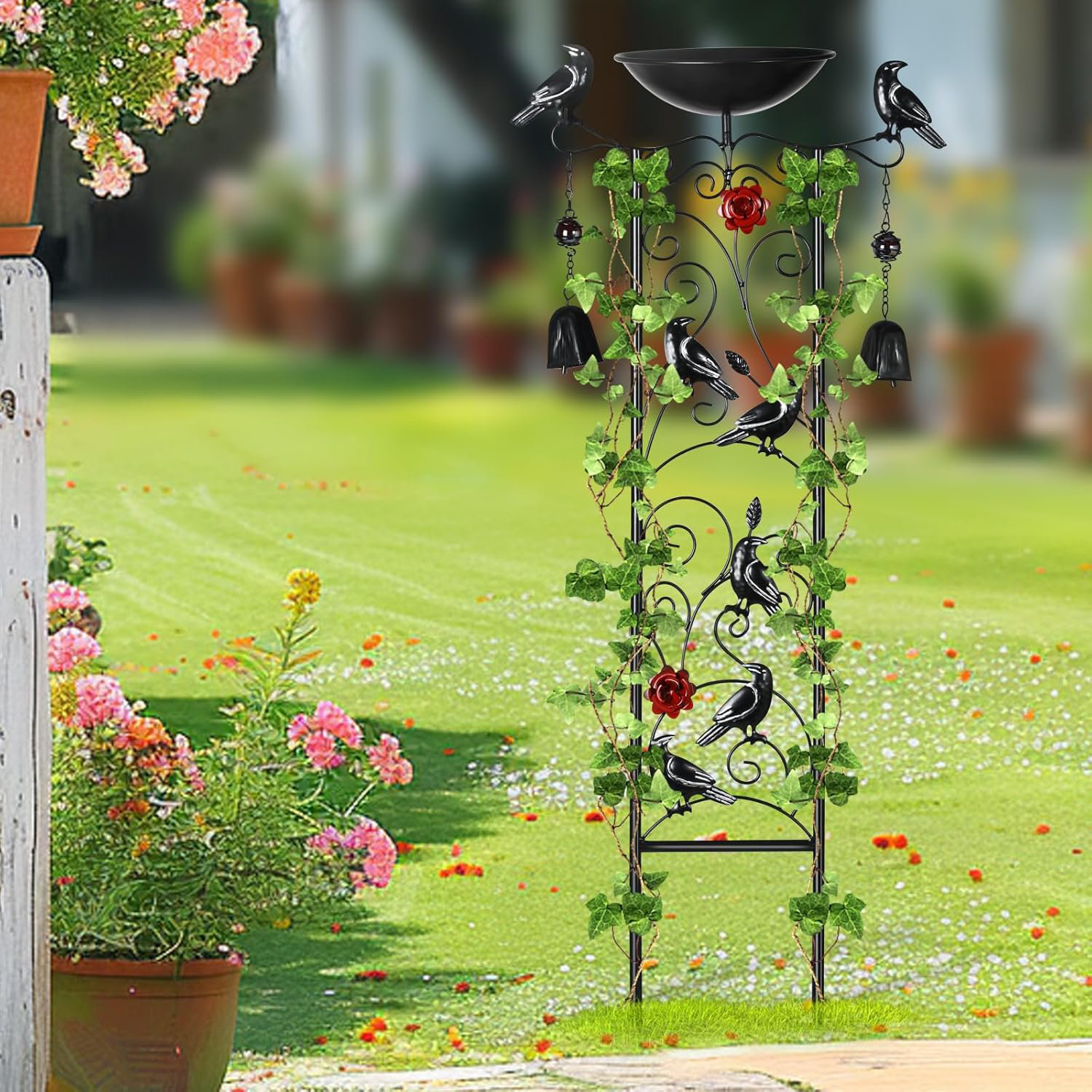 August Grove® Black Bird Garden Trellis Metal Birds Bath With Trellis ...