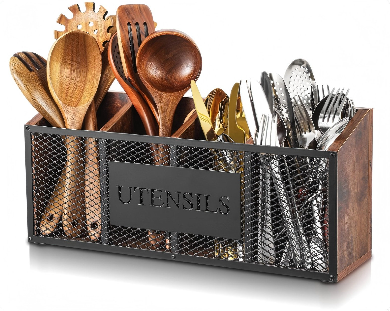 17 Stories Extra Large Wooden Kitchen Utensil Holder With 4 ...