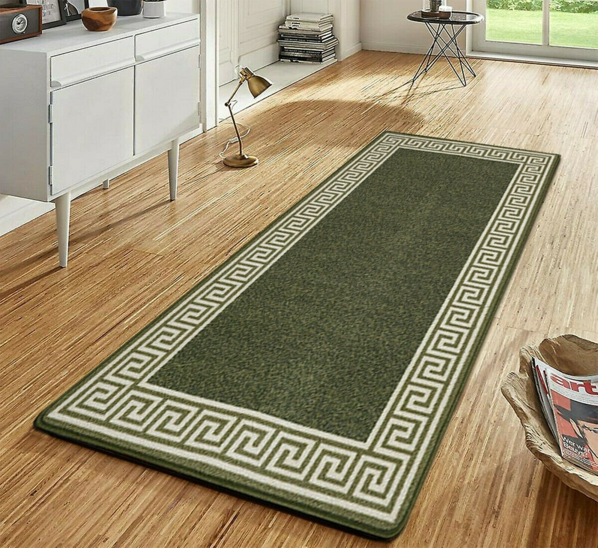 Fairmont Park Greek-Key Green Cream Non-Slip Polypropylene Area Rug ...