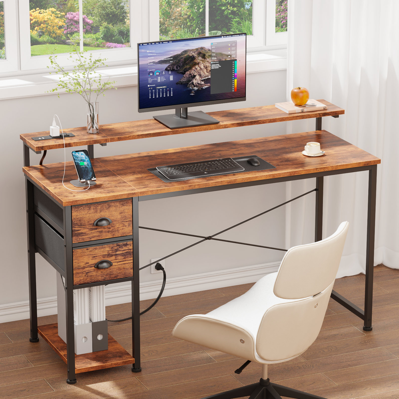 17 Stories 47'' Modern Computer Desk With Built-in Outlets & Led ...