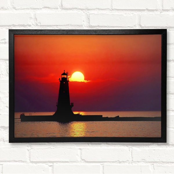 Longshore Tides Lighthouse Sunset Red - Single Picture Frame Print ...