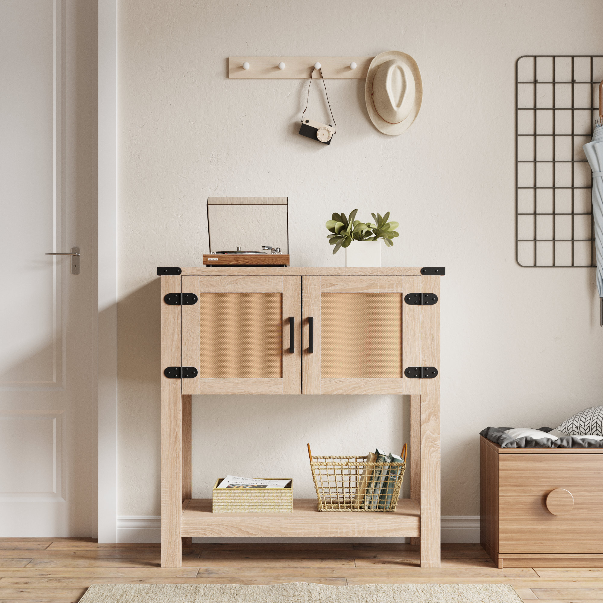 Gracie Oaks Farmhouse Console Table With Rattan Doors, Entryway Table ...