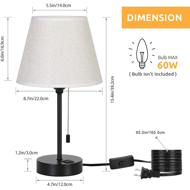 Latitude Run® 15.4"H Table Lamps With Dual USB Ports For Bedroom Black ...