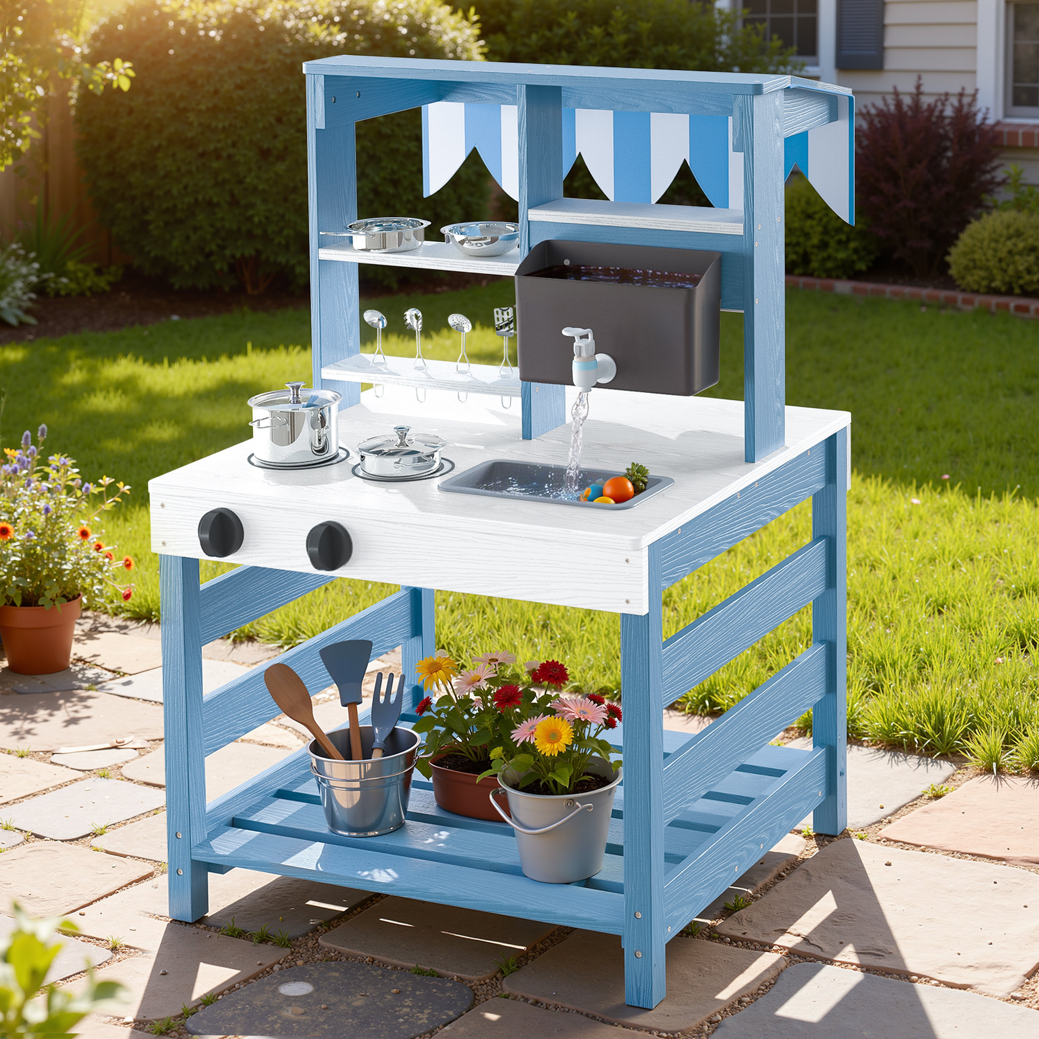 BRINJOY Kids Kitchen Playset, Double-sided Wooden Outdoor Mud Kitchen ...