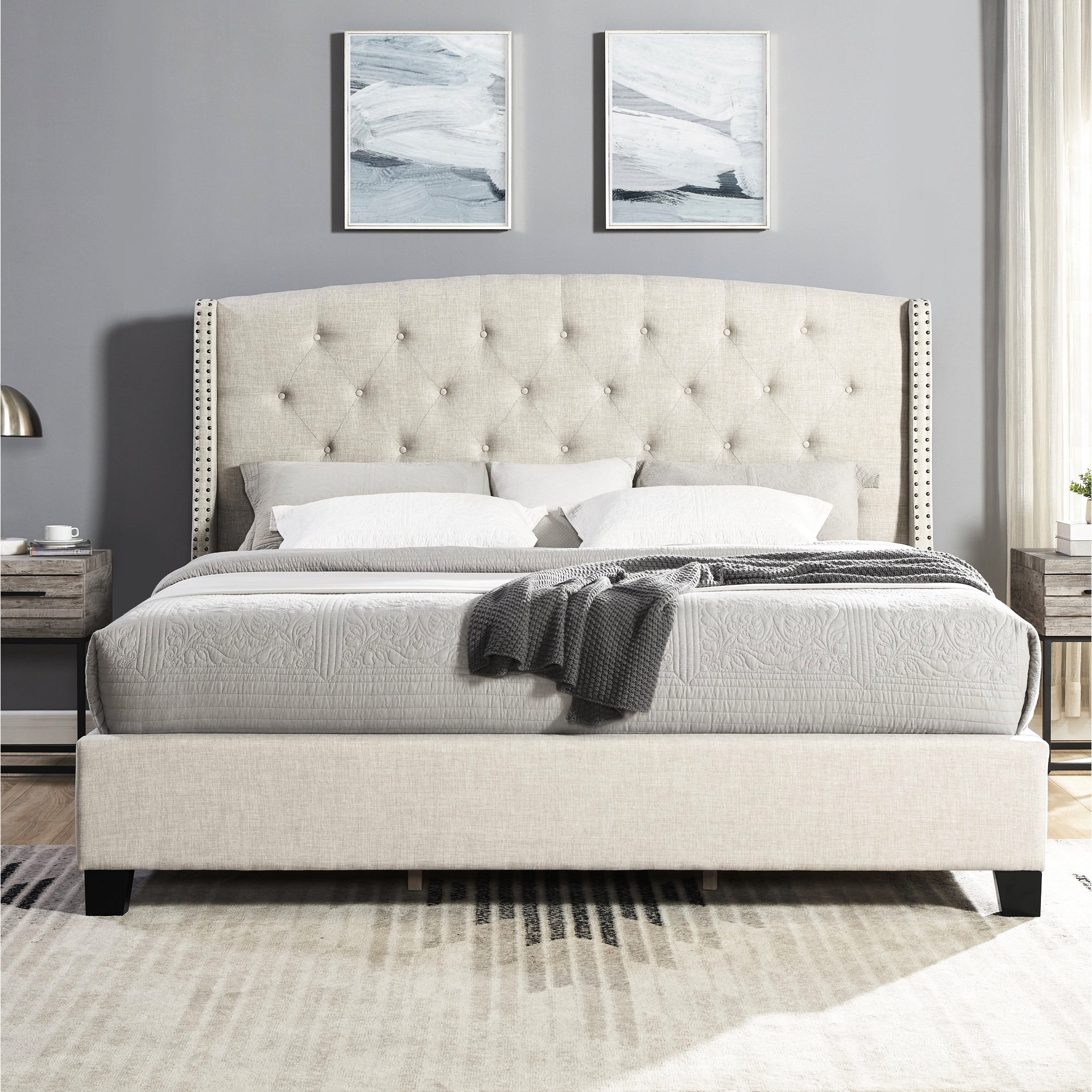 Mercer41 Upholstered Wingback Queen Bed In Beige With Button Detail ...