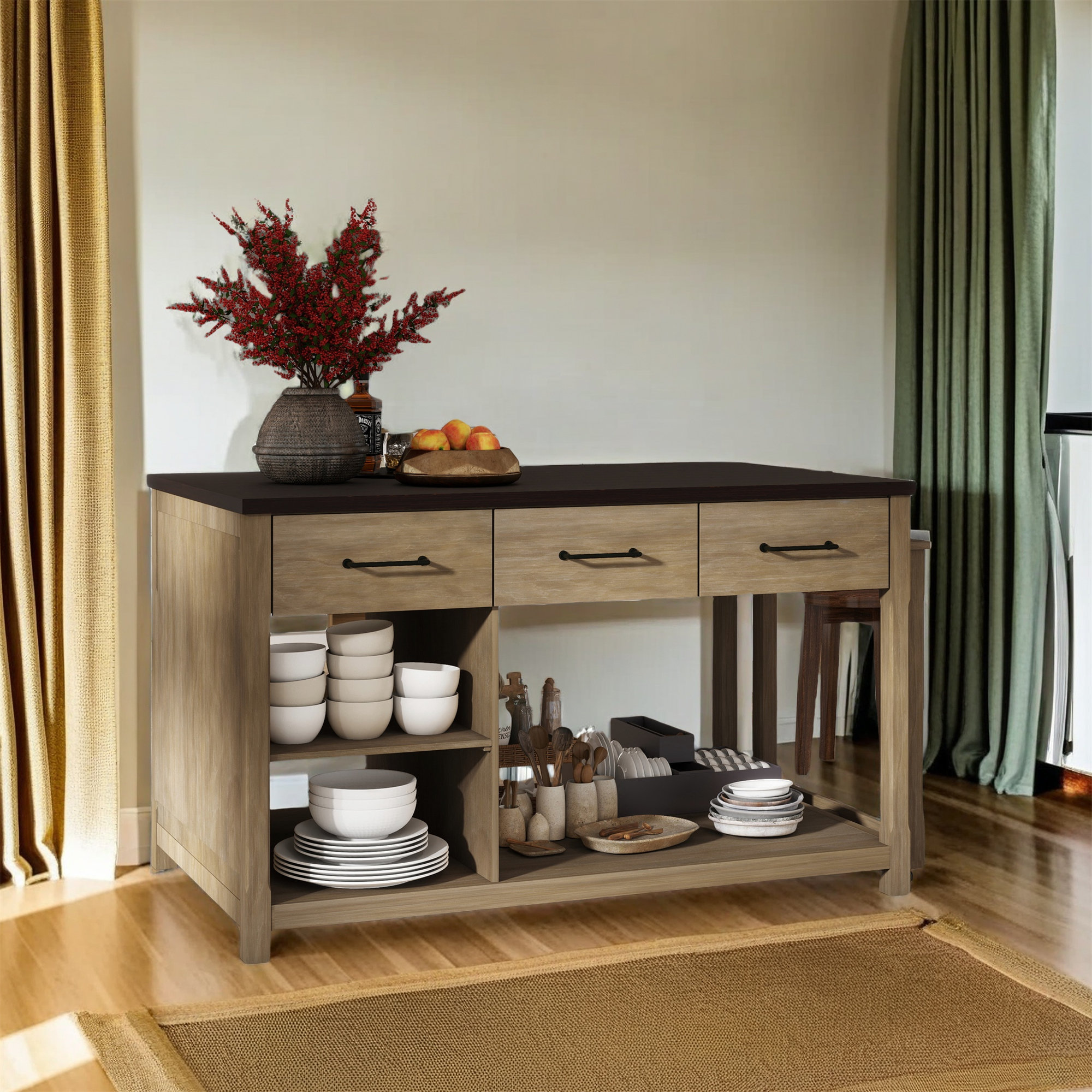 Gracie Oaks Multi-Functional Extendable Kitchen Island With Storage ...