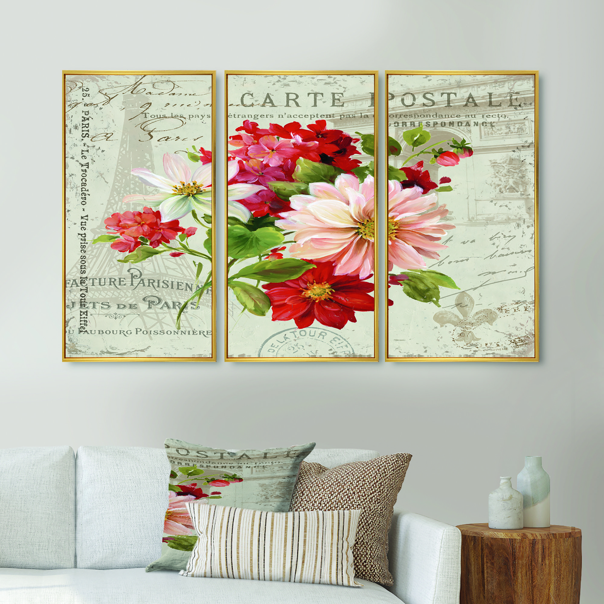 Design Art Red Painted Flowers On Vintage Postcard II - Farmhouse ...