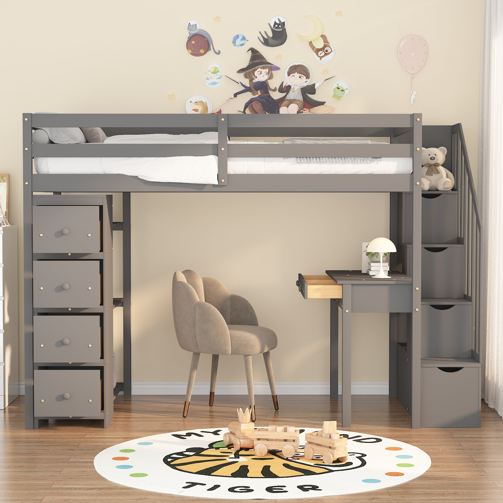 Harriet Bee Hayzlee Kids Twin Loft Bed with Storage Drawers ,Desk and ...