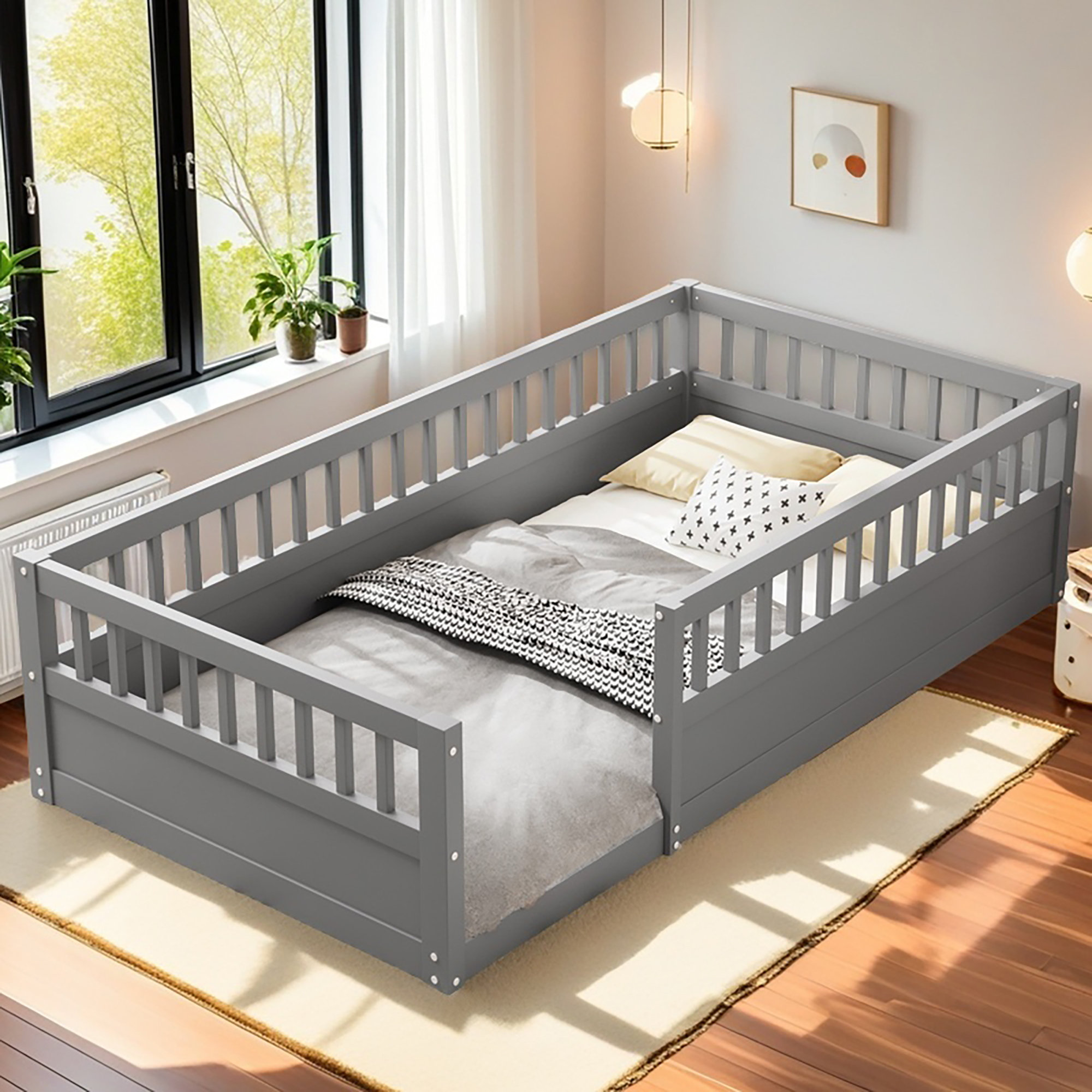 Gracie Oaks Floor Bed Frame With Fence, Wood Kids Floor Beds Frame For ...