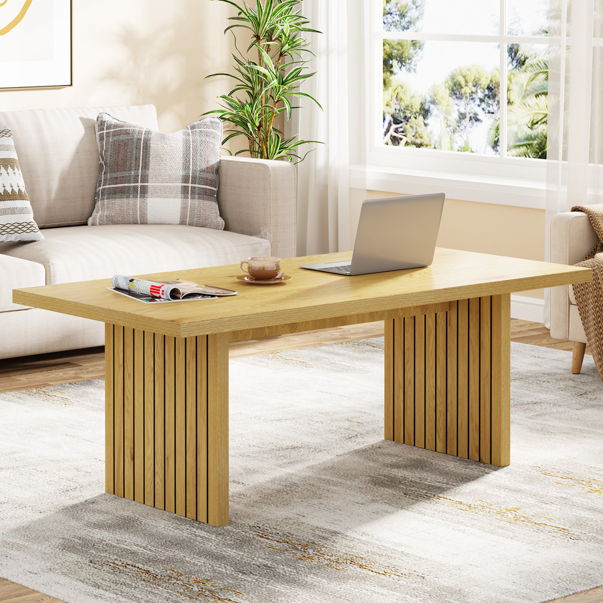 Ebern Designs Wood Coffee Table, Farmhouse Minimalist Center Table ...