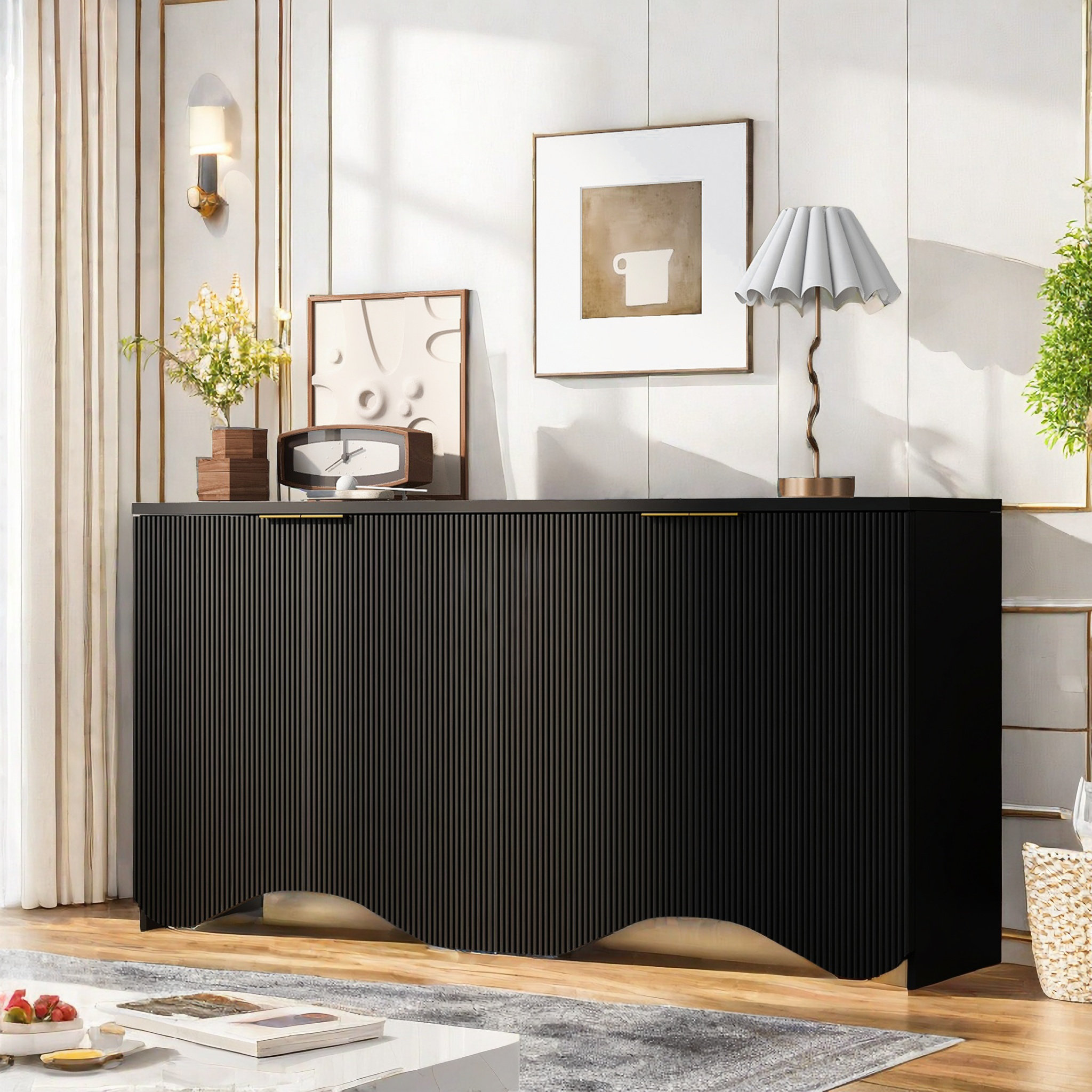 Lark Manor 63" Large Sideboard, Vertical Striped Storage Cabinet With 4 ...