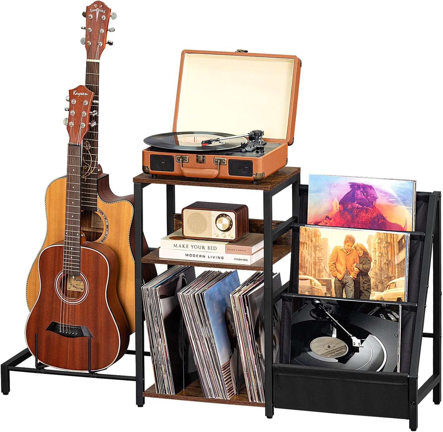 17 Stories Record Player Stand With Adjustable Guitar Rack & Vinyl ...