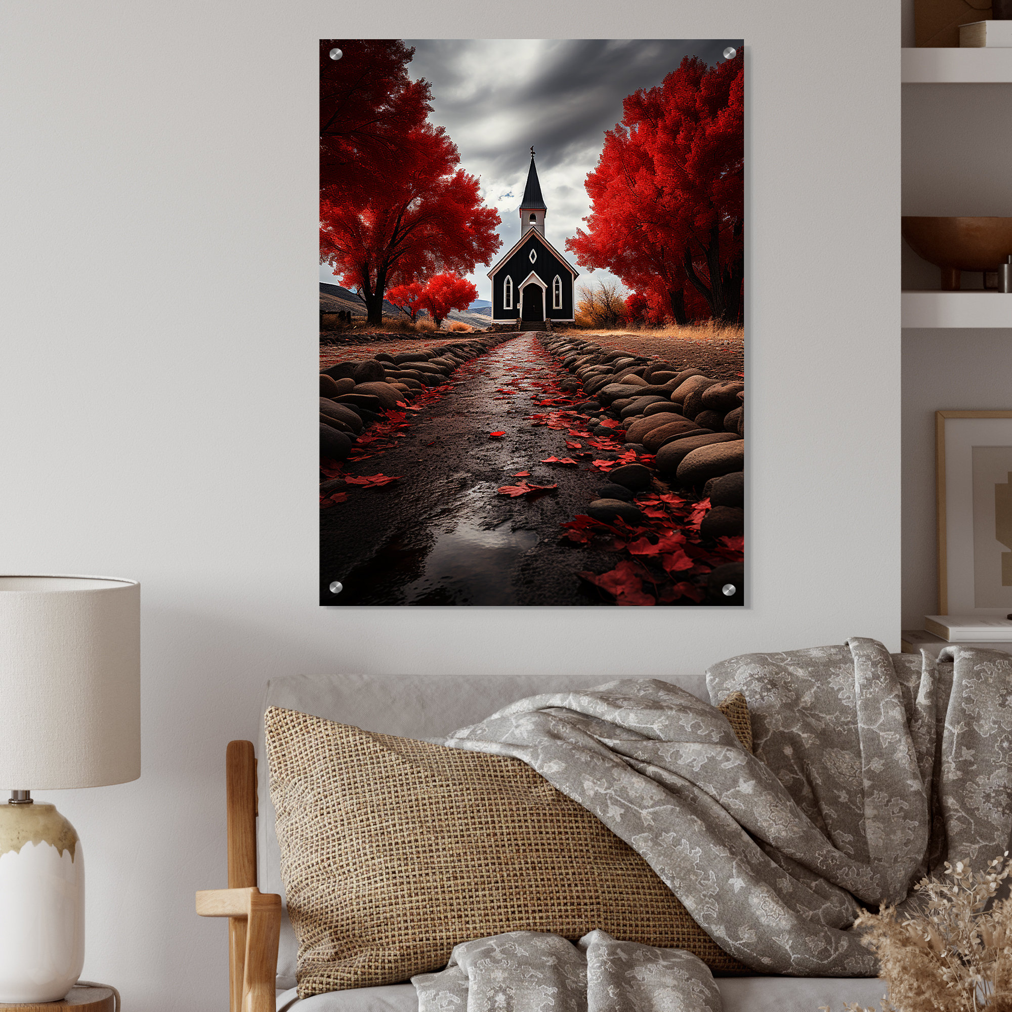 Design Art Red Church Sanctuary In Solitude - Church Acrylic Wall Art ...