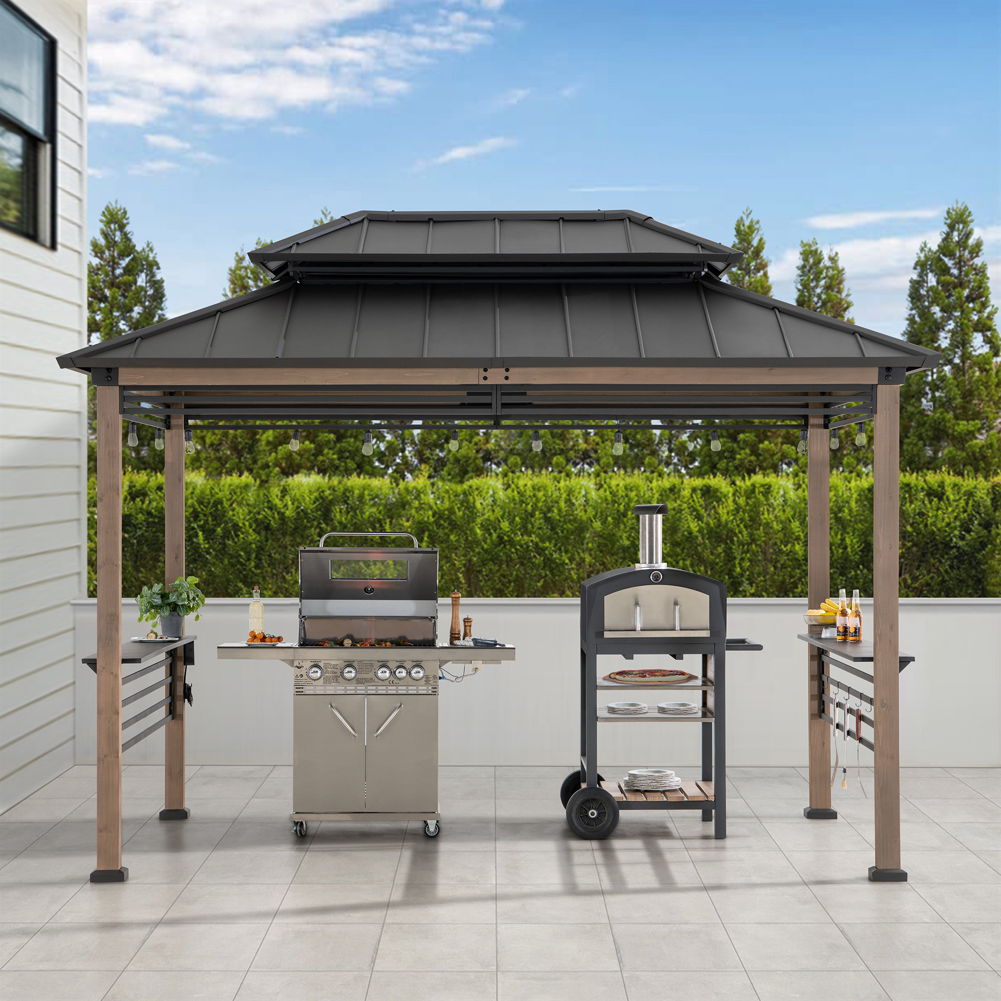 Sunjoy Wooden Grill Gazebo with AC Power Port, 8 x 12 ft. Steel Hardtop ...