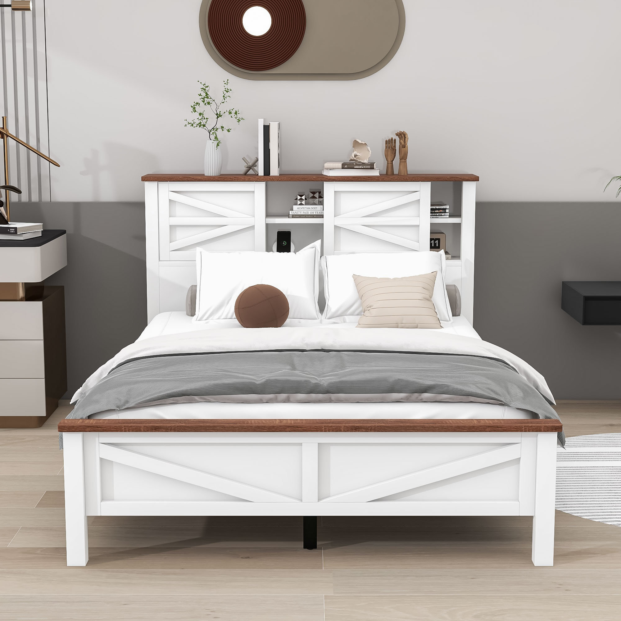 Gracie Oaks Farmhouse Platform Bed with Double Sliding Barn Door and ...