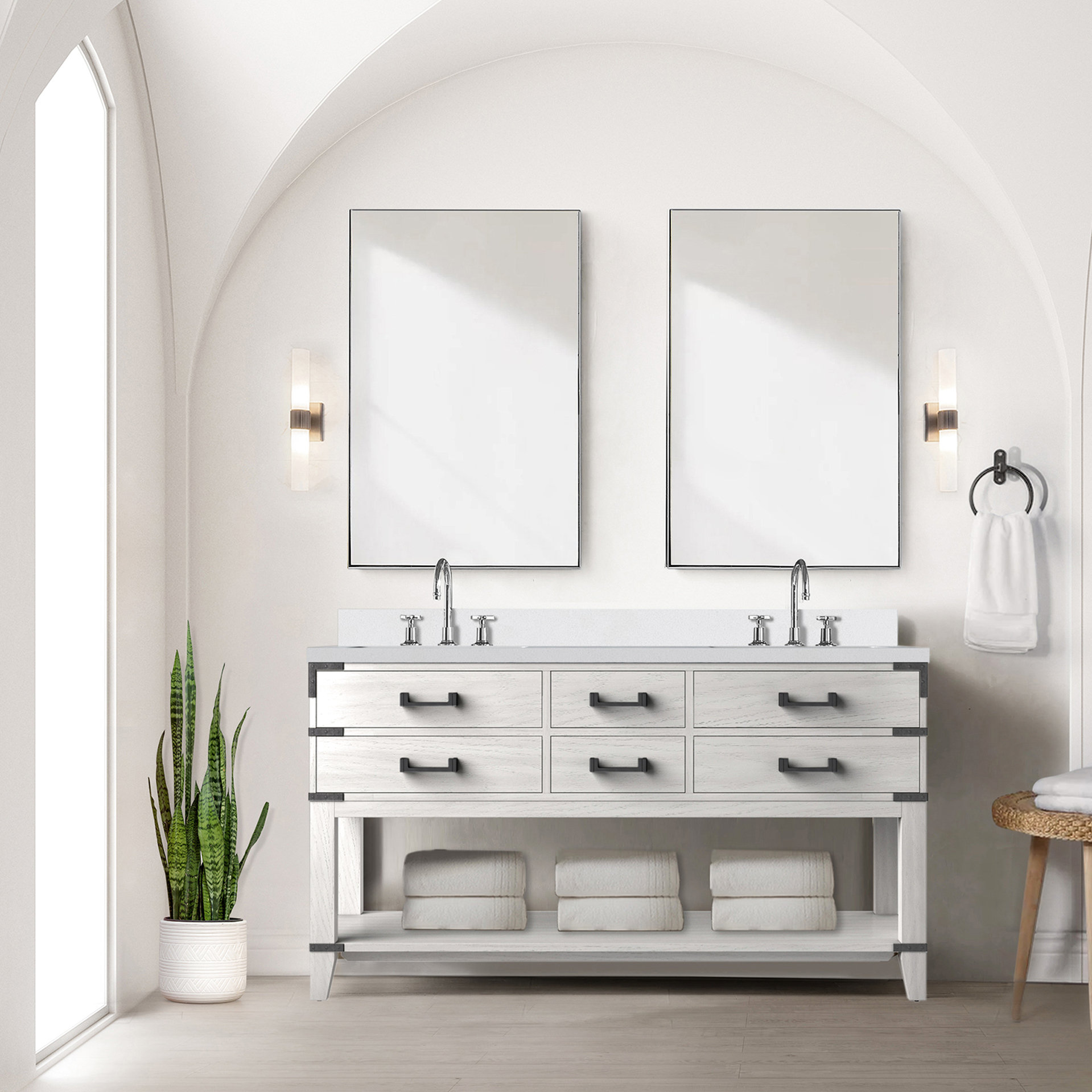 Red Barrel Studio® Double Bath Vanity 60 In. White Oak - Quartz Top ...