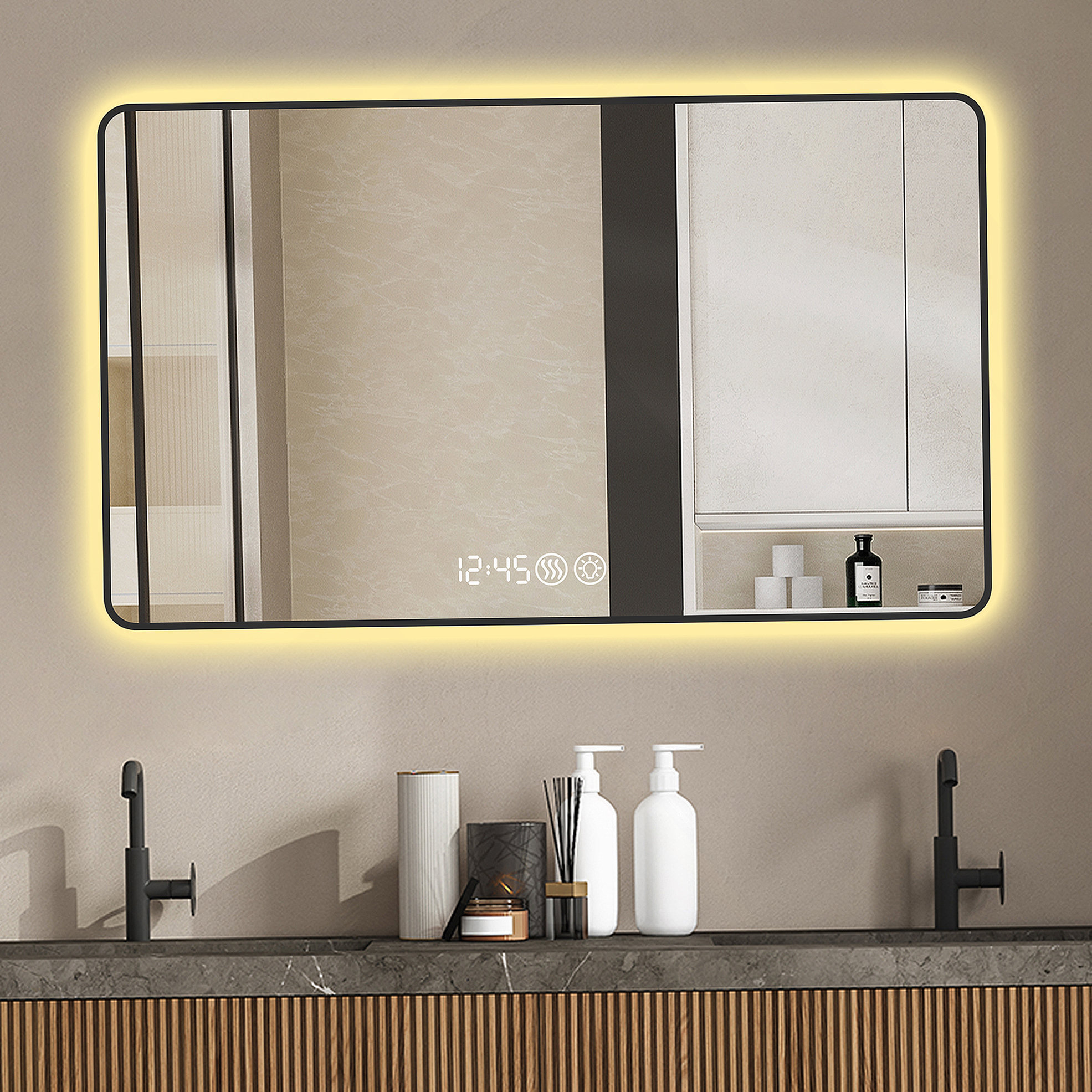 Ebern Designs 48X32 Wall Mirror With Rounded Corners, Temperature ...