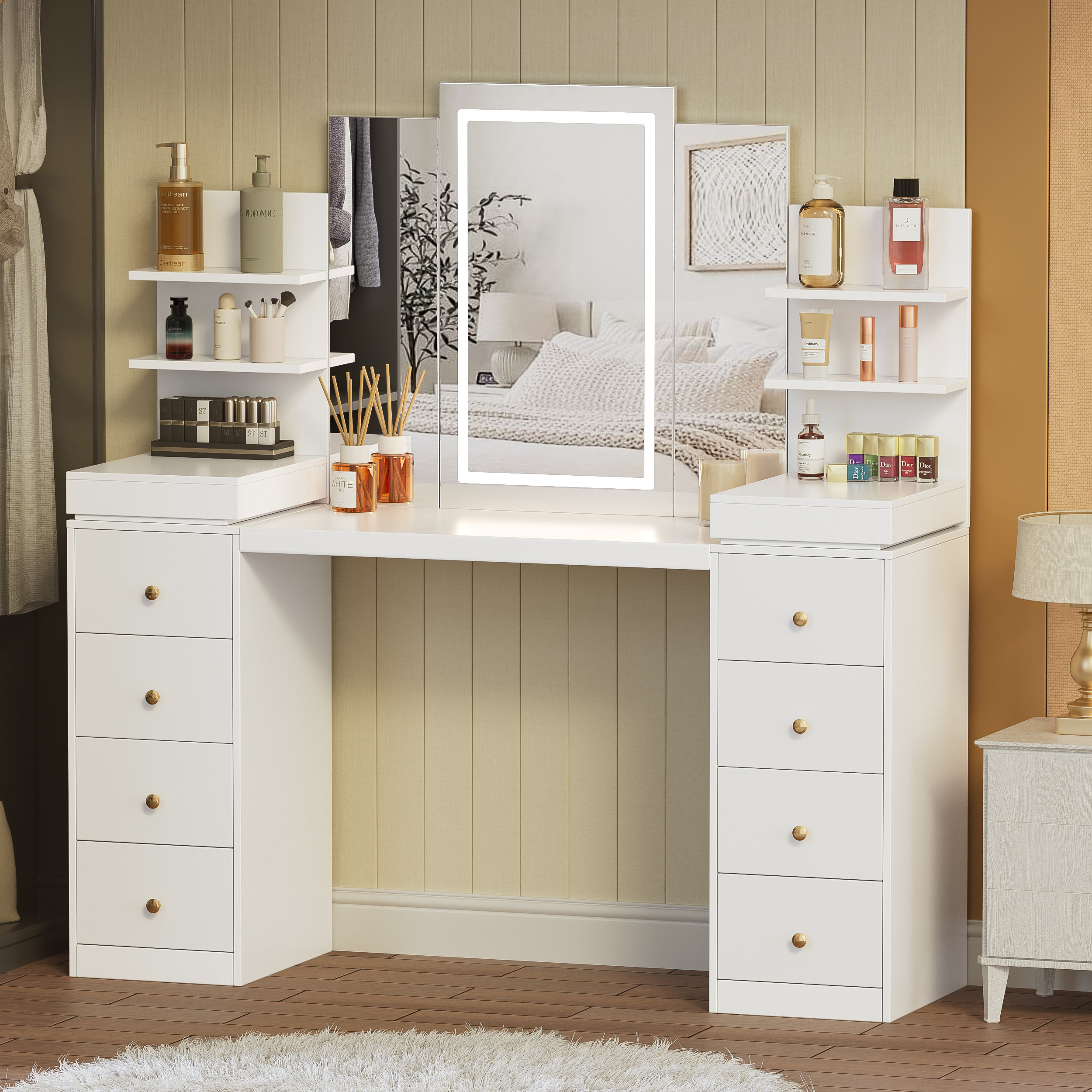 Ivy Bronx Large Makeup Vanity With Led Light, Tri Mirror, 10 Drawers ...