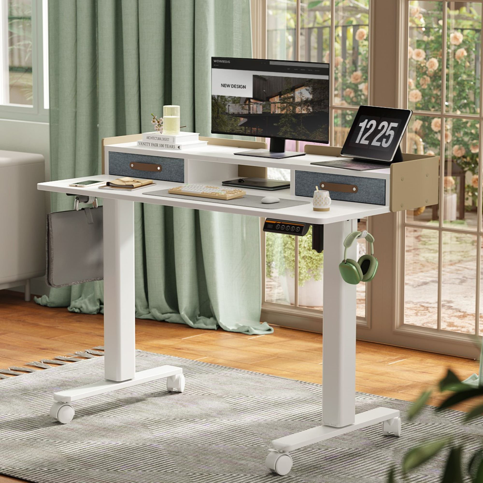 Ebern Designs Tarzan Height Adjustable Standing Desk with Drawers and ...