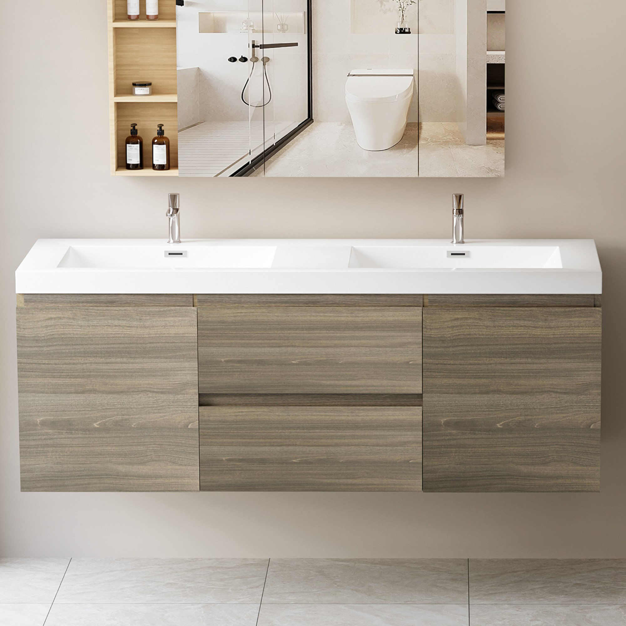 Ebern Designs Libah 59'' Wall Mounted Double Bathroom Vanity with Resin ...