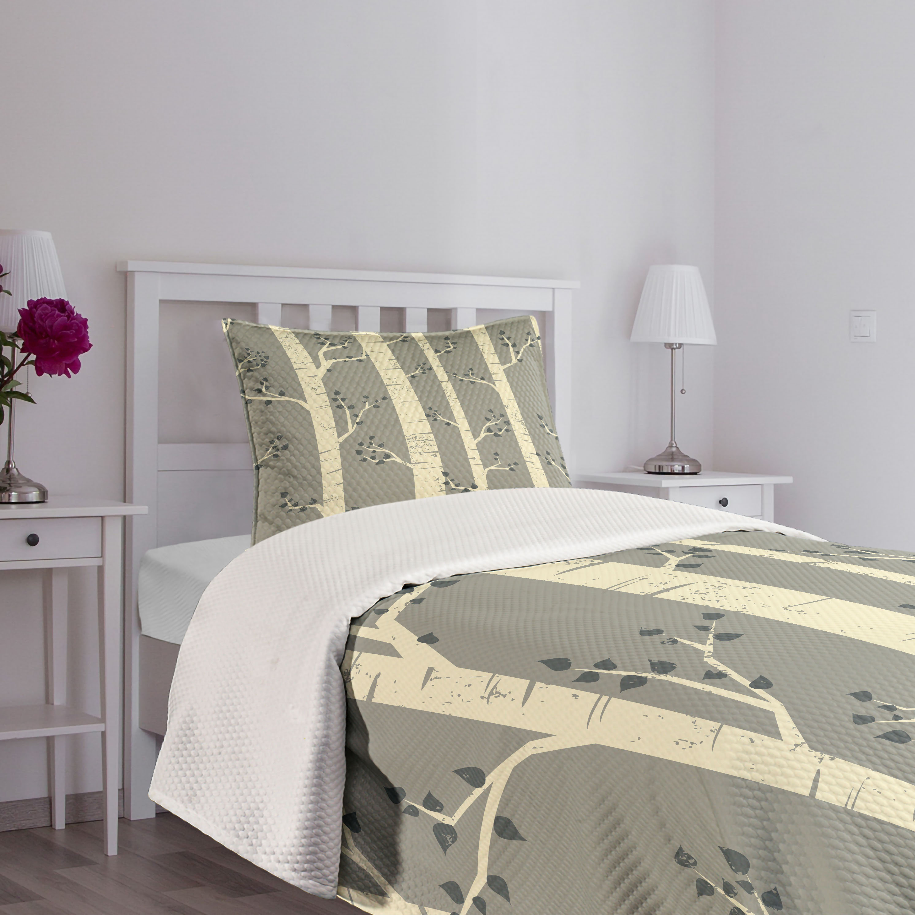 Ambesonne Birch Bedspread Set Trees Nature Boho Composition Pale Yellow ...