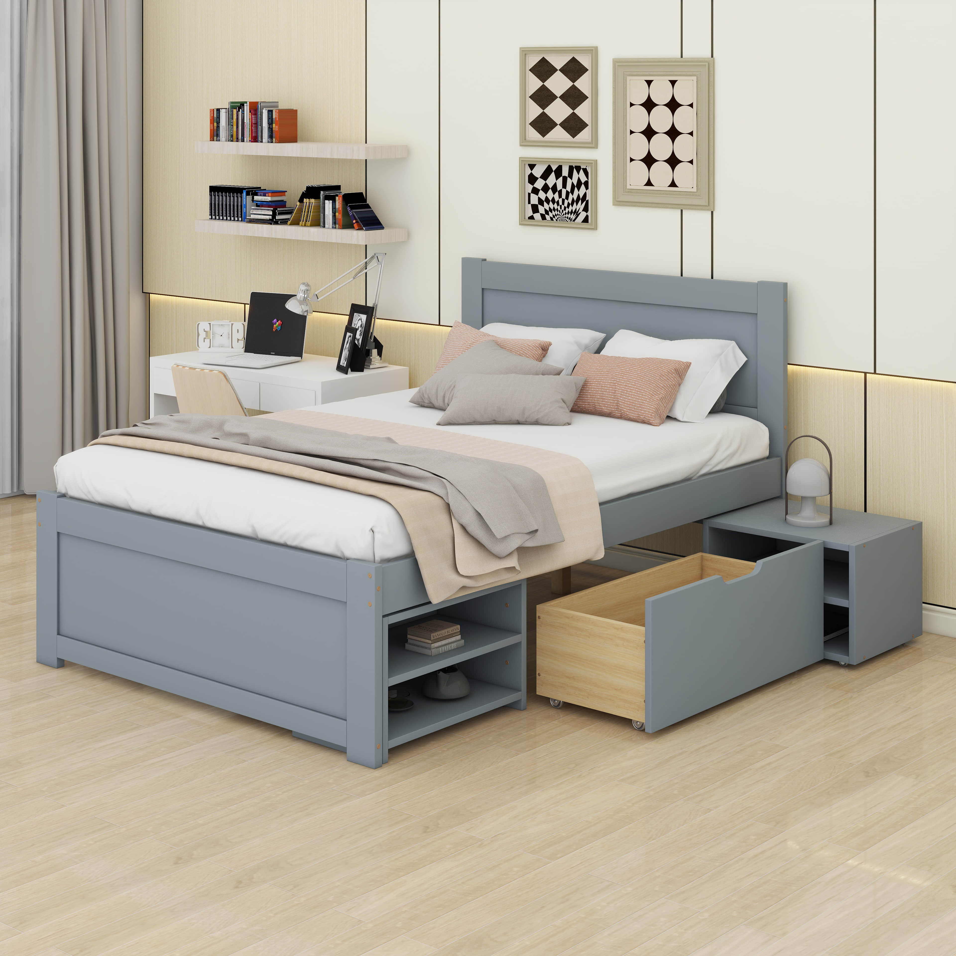 Latitude Run® Full Size Bed With Drawer And Two Shelves, Full Size Wood ...