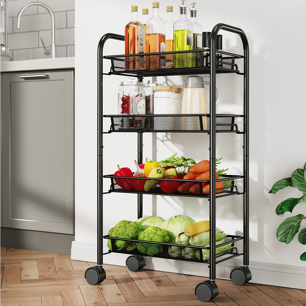 AMADA 4-Tier Metal Utility Cart with Wheels for Kitchen, Dining Room ...