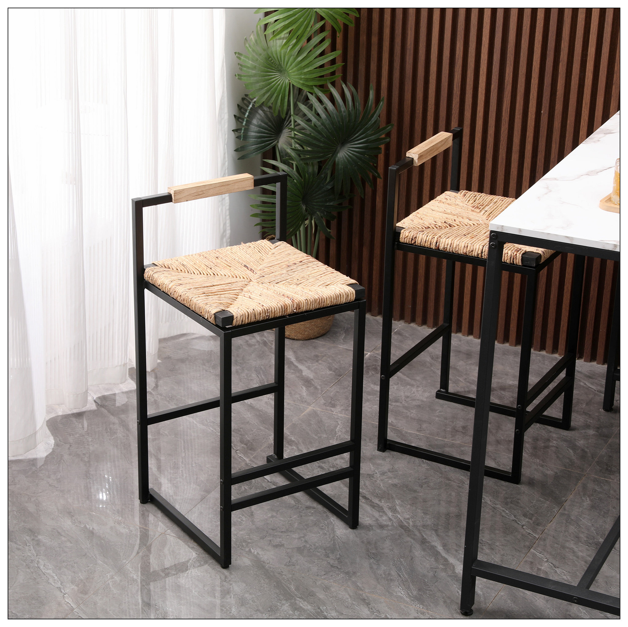 Longshore Tides Set Of 2 Water Hyacinth Woven Bar Stools With Back ...