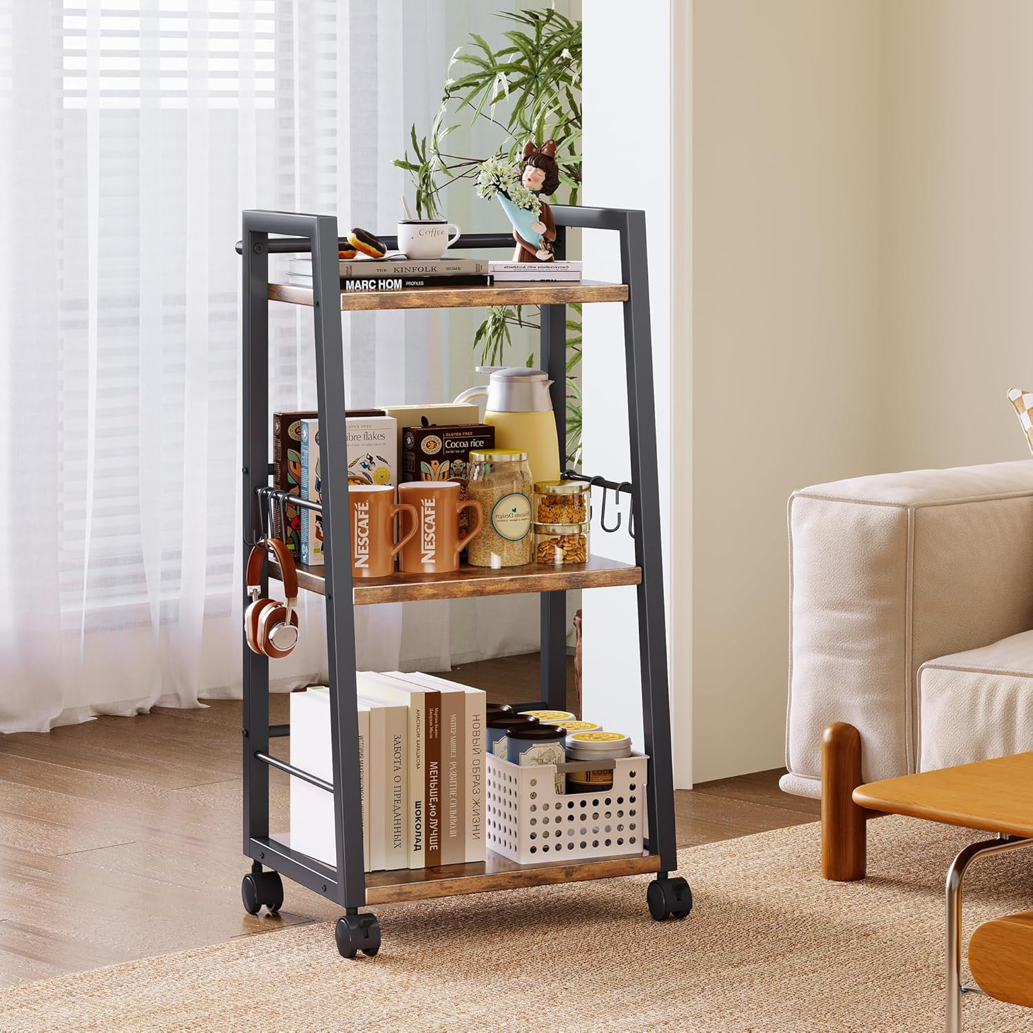 17 Stories Imogen 3 Tier Kitchen Storage Cart With Lockable Wheels & 6 ...