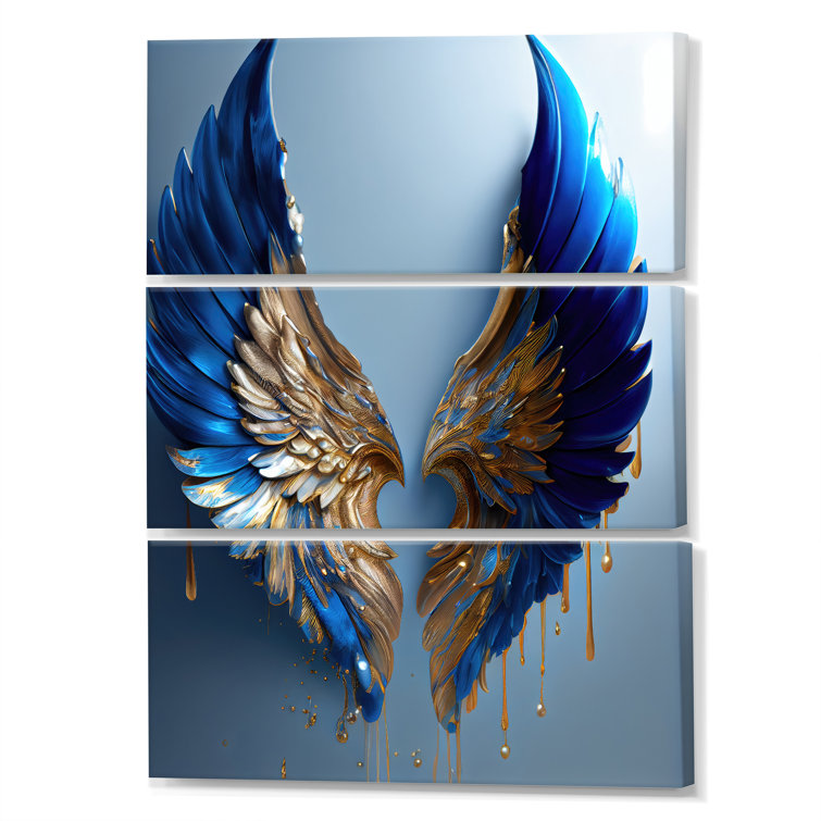 Everly Quinn Elgene Blue And Gold Angel Wings V On Canvas 3 Pieces ...