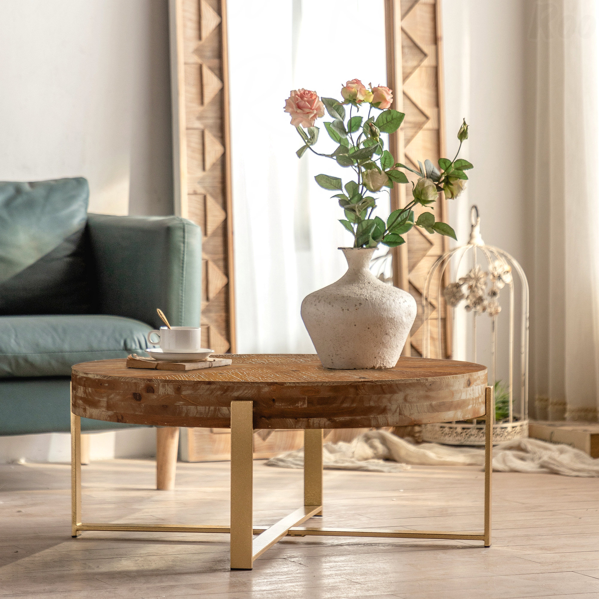 George Oliver 31.29" Round Wood Coffee Table Modern Retro Splicing Fir ...