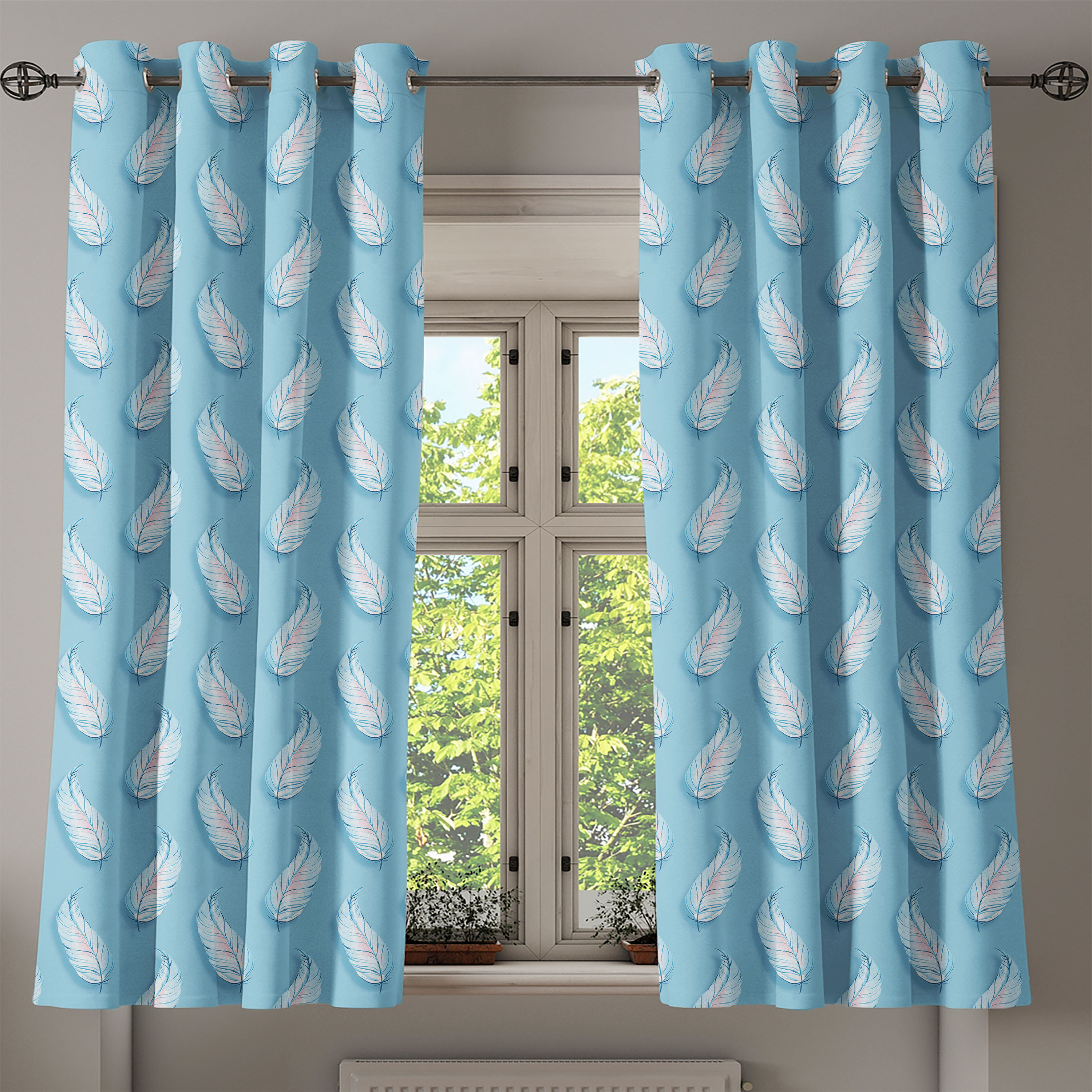 Latitude Run® Abstract Grommet Curtain Swirly Feathers Pattern Sky Blue ...