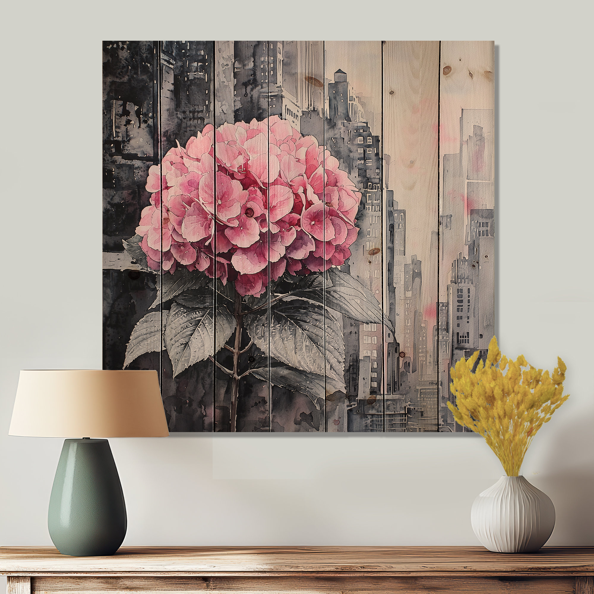 Ophelia & Co. Monochrome Hydrangeas In The City - Hydrangea Wood Wall ...