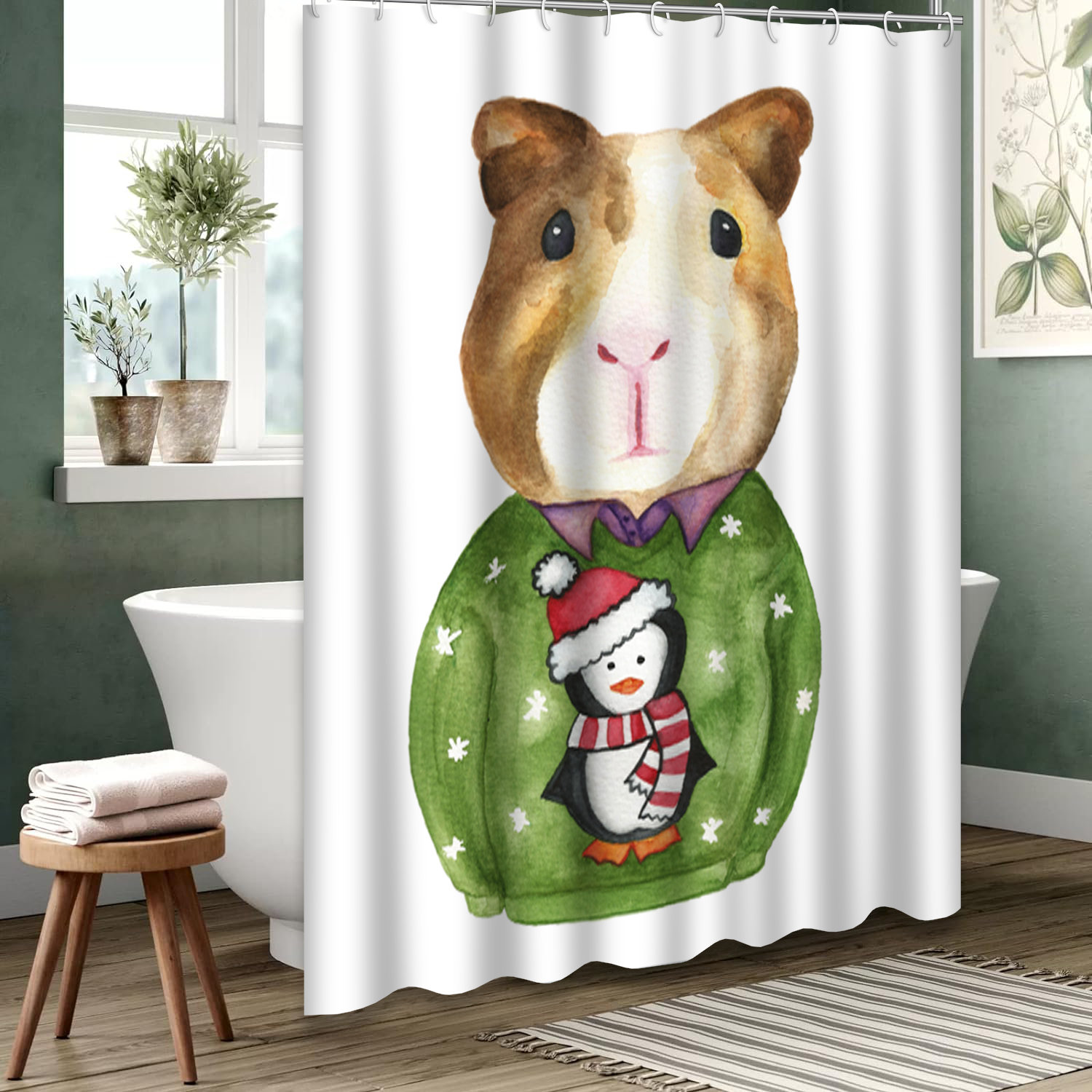 The Holiday Aisle® Waterproof Green Guinea Pig Shower Curtain ...