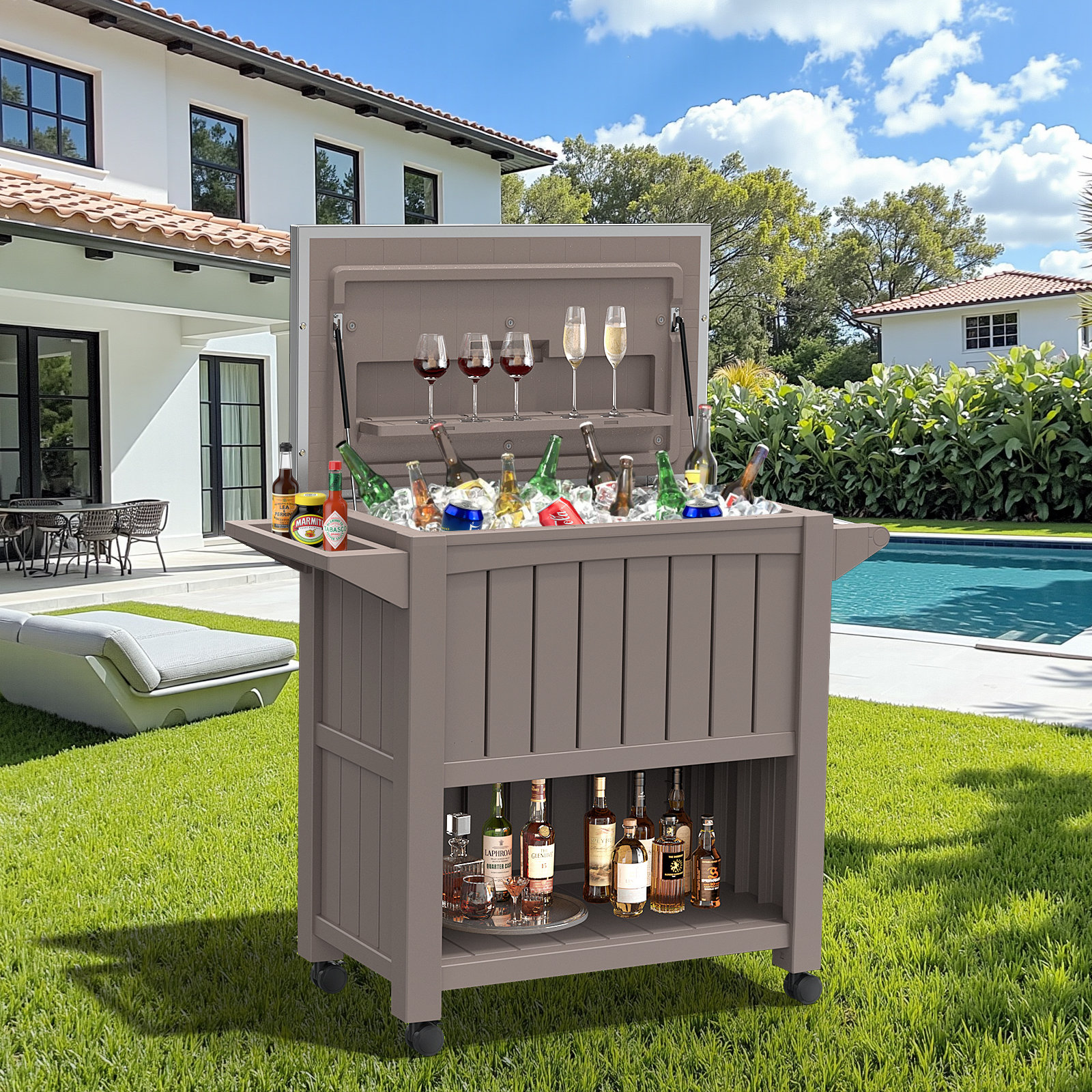 ONBRILL 120 Quart Patio Rolling Cooler Cart with 304 Stainless Steel Lid & Lockable Wheels ...