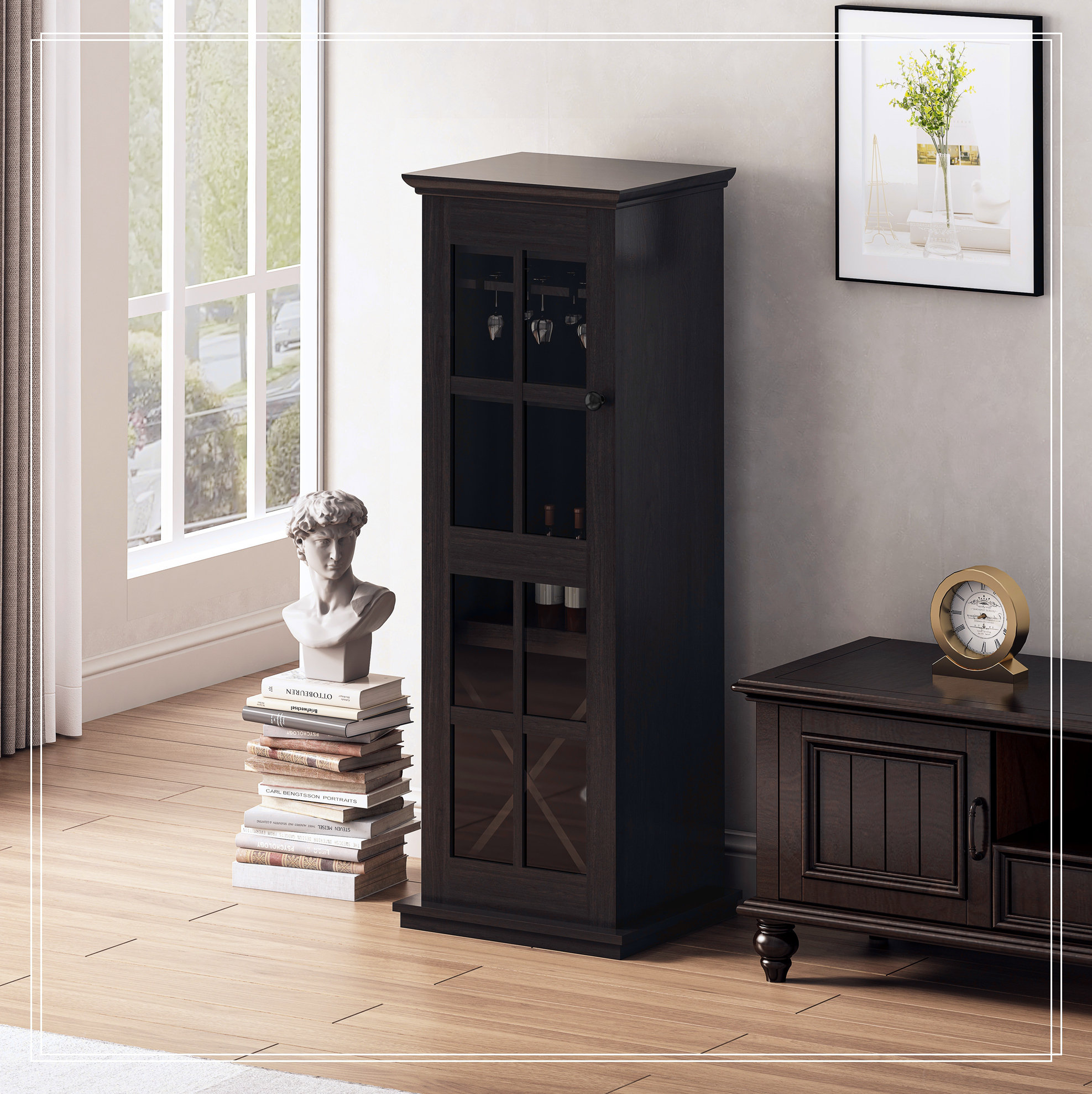 NRANTUM Glass Door Wine Cabinet with Drawer and X-Shaped Rack | Wayfair