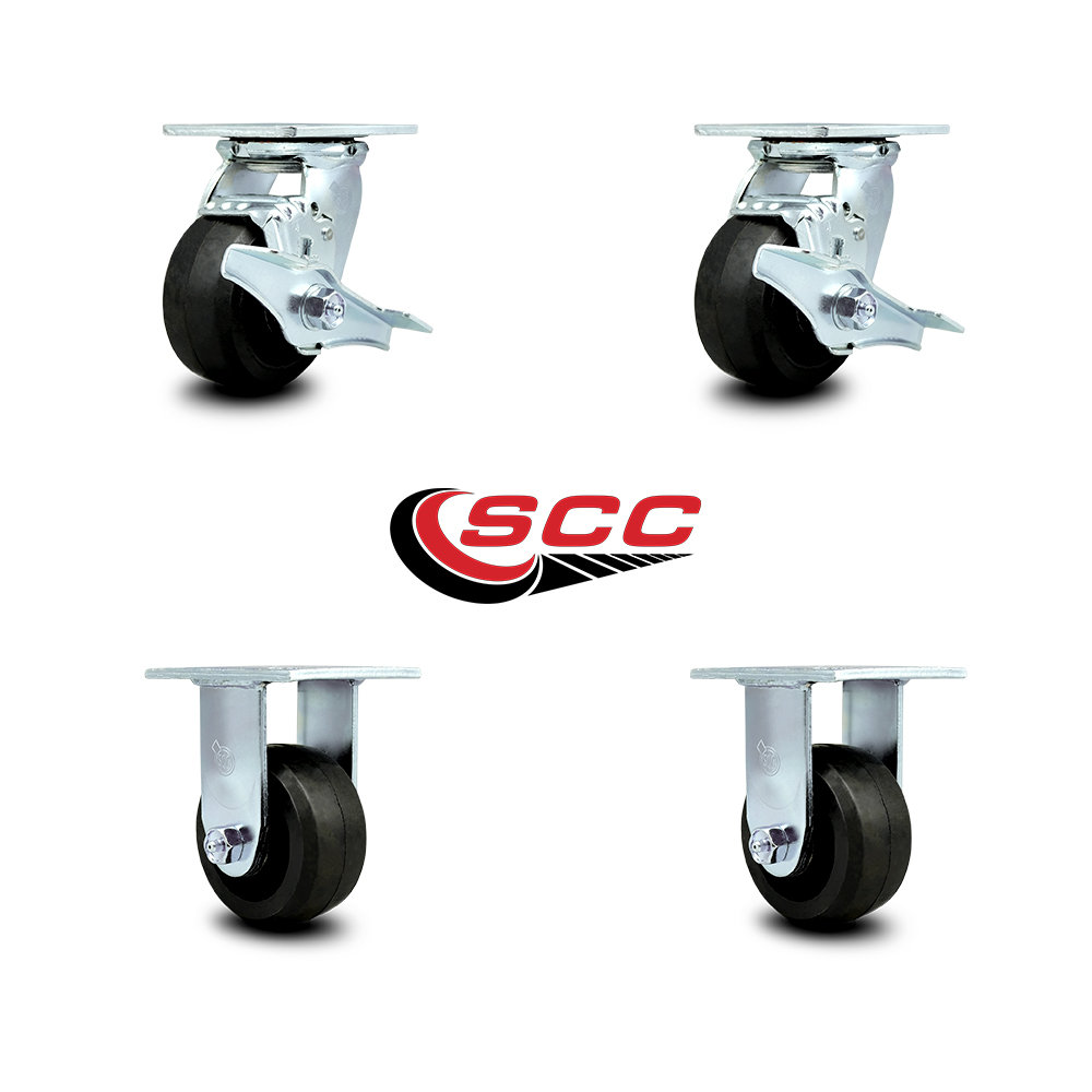 Service Caster 4 Inch Rubber on Steel Caster Set with Ball Bearings 2 ...